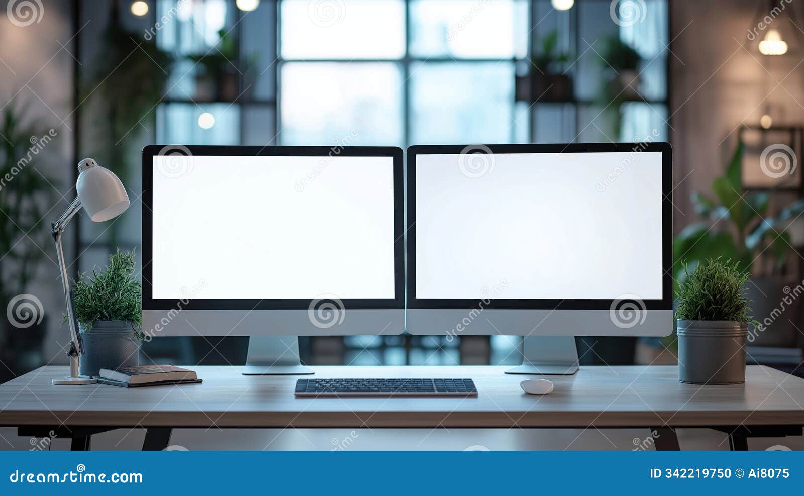 Two Glowing Monitors Mockups in Corporate Office, Ai Generated Stock ...