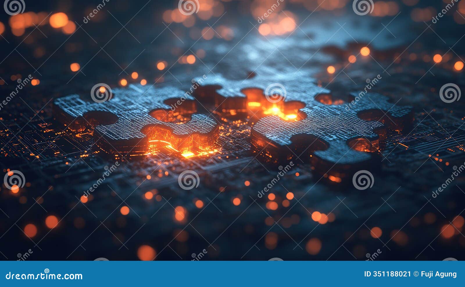 Two Glowing Puzzle Pieces Interlock on a Dark Circuit Board Background ...