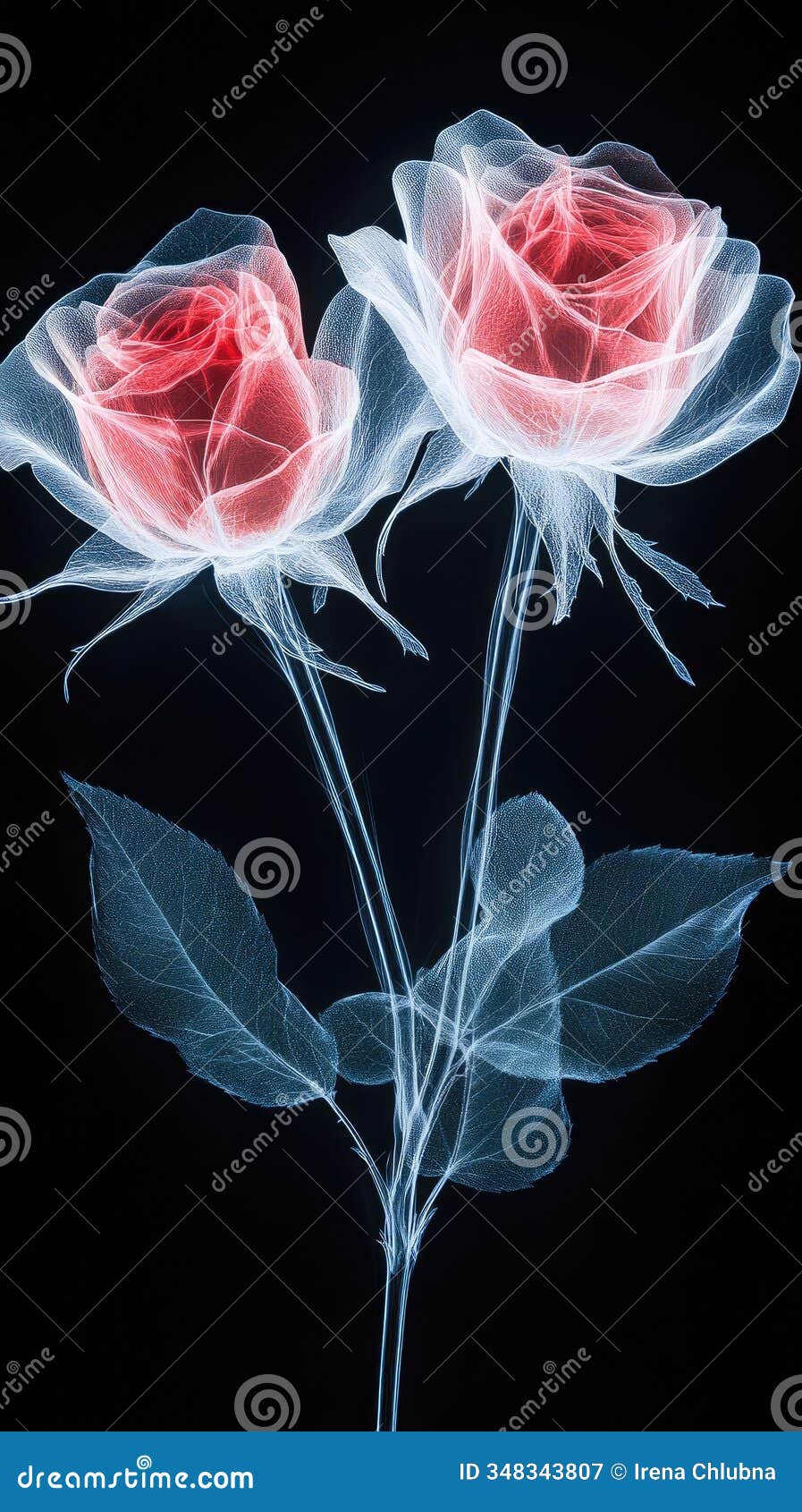 Two Glowing Red Roses Blooming in the Dark on a Black Background Stock ...