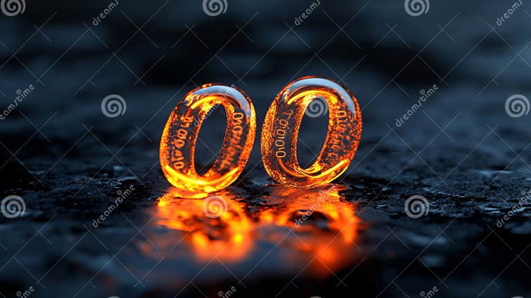 Two Glowing Rings with Encrypted Binary Code on a Dark Wet Surface ...