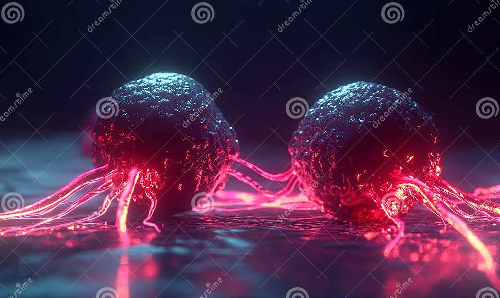 Two Glowing Spheres with Tendrils on a Dark Reflective Surface Stock ...
