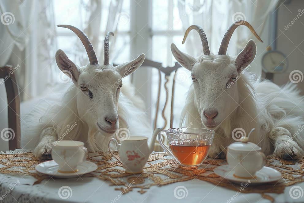 Two Goats Sit at a Table Enjoying Cups of Tea Stock Image - Image of ...