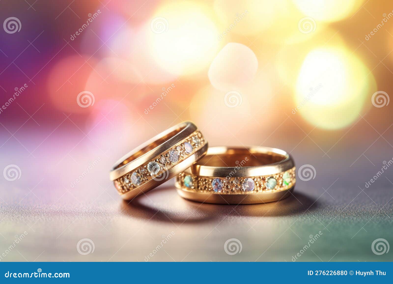 Two Gold Wedding Rings are in Front of a Pastel Bokeh Background, in ...