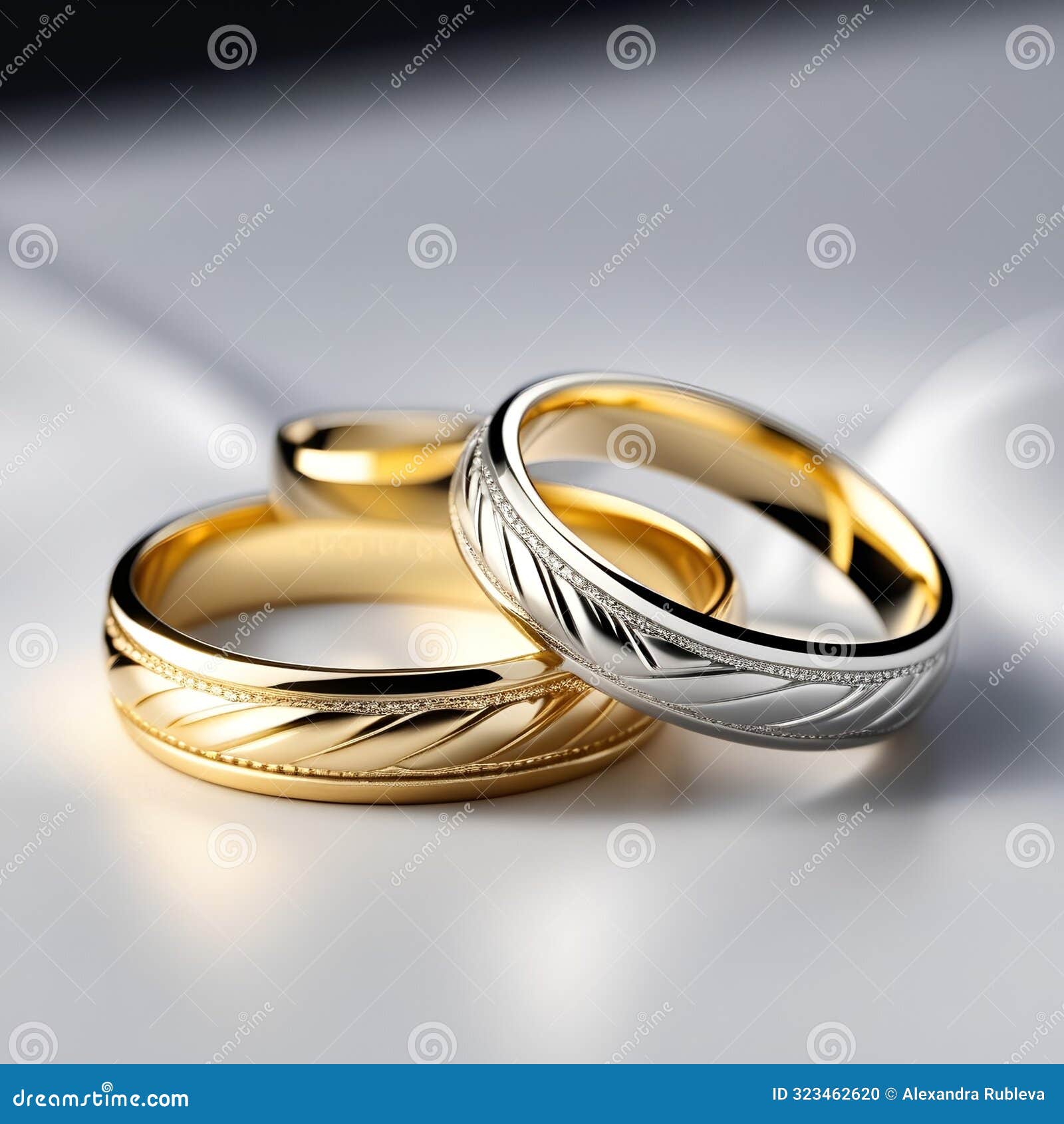 Two Gold Wedding Rings Isolated on White Background. Yellow and White ...