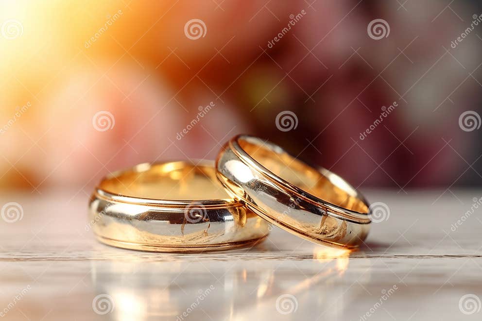 Two Gold Wedding Rings on a Reflective Surface Stock Illustration ...