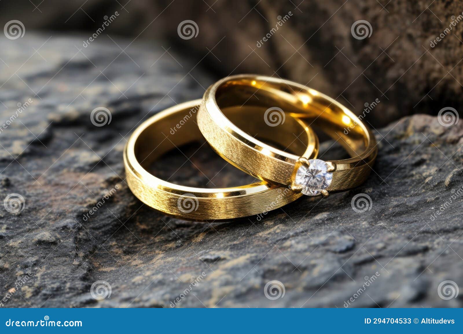Two Gold Wedding Rings on a Rough Granite Stone Under Natural Light ...