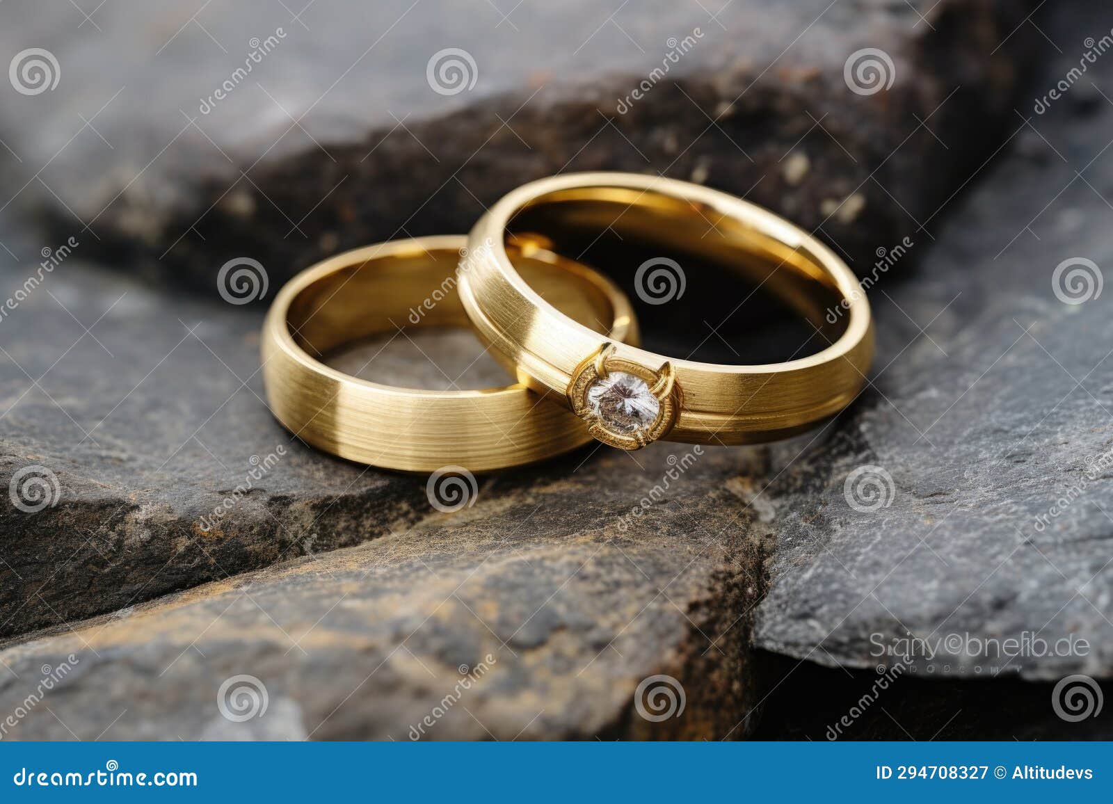 Two Gold Wedding Rings on a Rough Granite Stone Under Natural Light ...