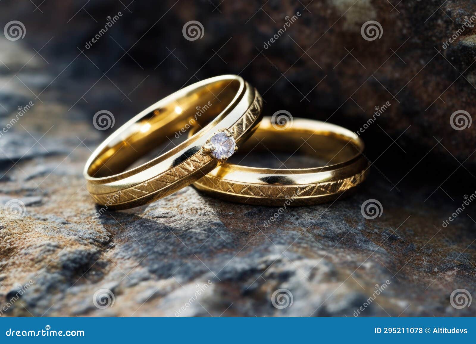 Two Gold Wedding Rings on a Rough Granite Stone Under Natural Light ...