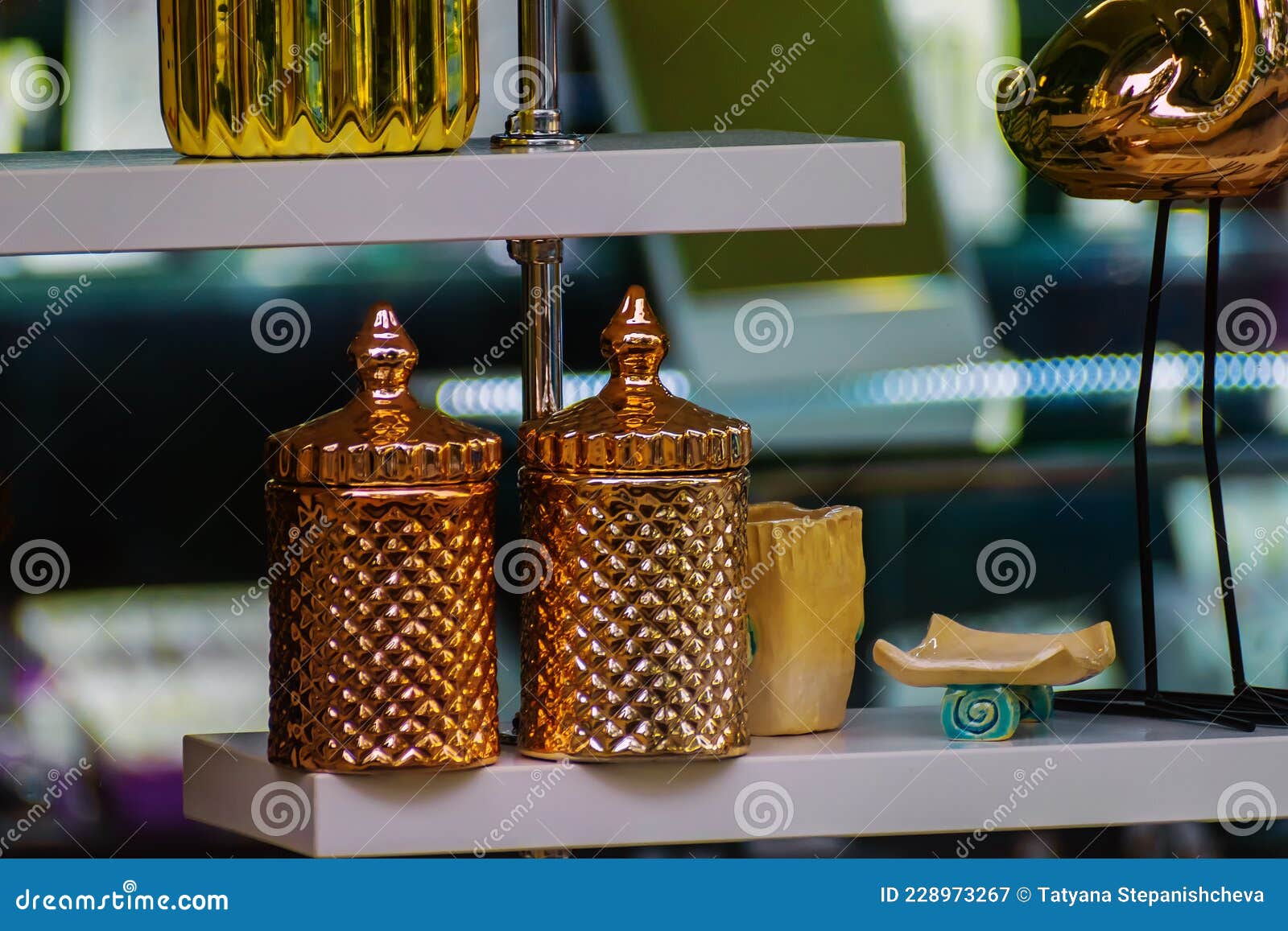 Two Golden Decorative Vessels with a Diamond-shaped Texture Stock Image ...