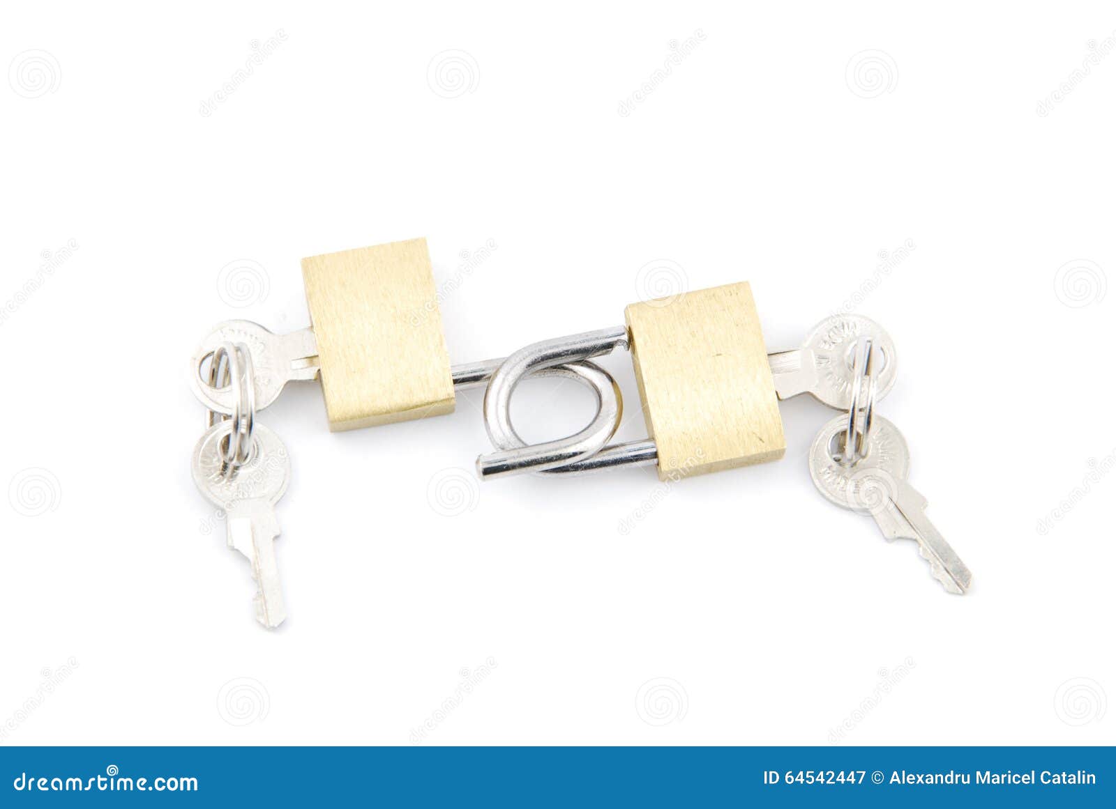 Two Golden Padlocks and Keys on White Stock Image - Image of close ...
