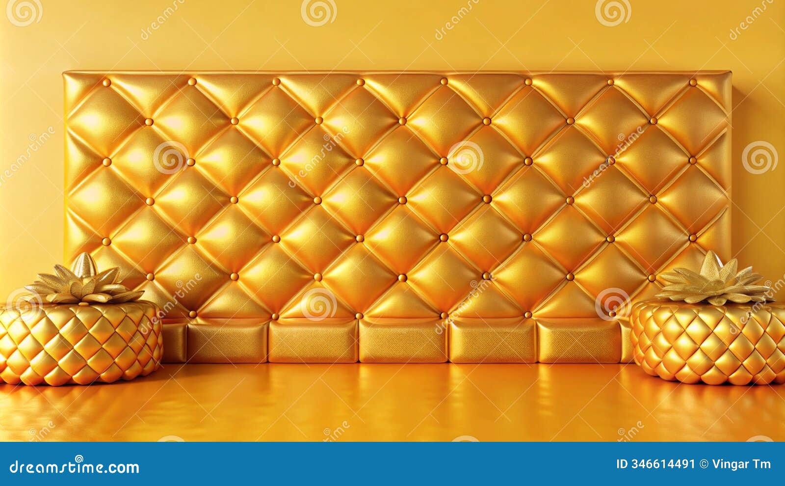 Two Golden Pineapples in Front of a Gold Tufted Wall Stock Illustration ...