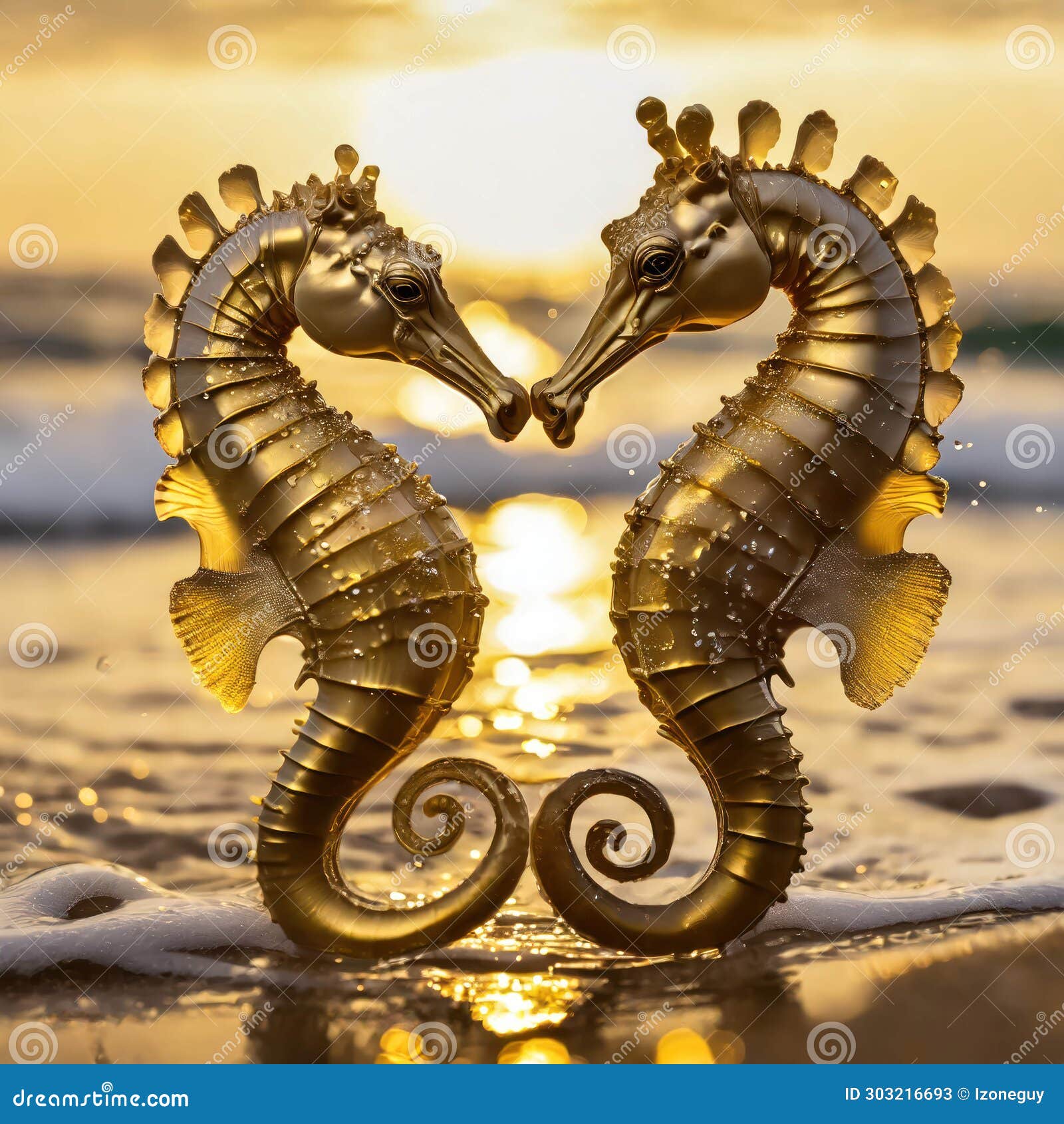 Two Golden Seahorses on the Seashore Making a Heart Pattern Stock ...