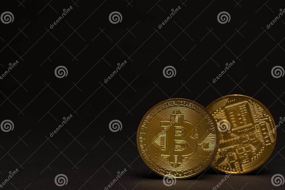 Two Golden Shiny Valuable Bitcoin with Front and Back Side with Black ...