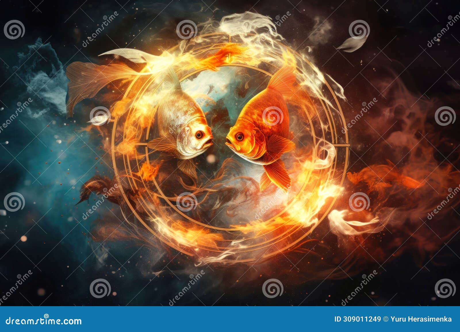 Two Goldfish Swimming Inside a Ring of Fire Stock Illustration ...