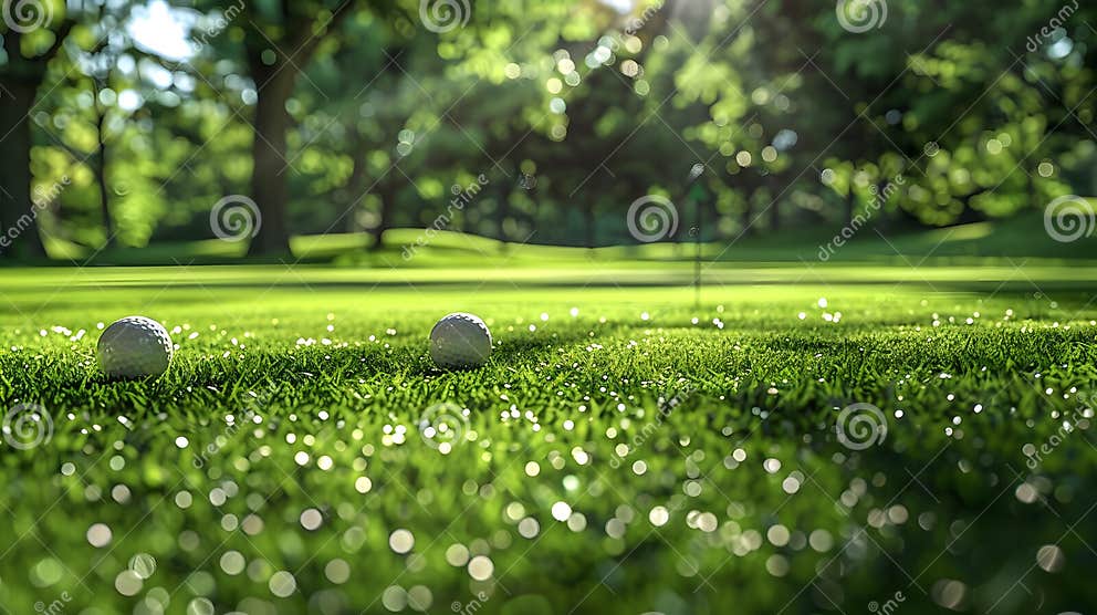 Two Golf Balls on a Green Golf Course with a Green Flag in the ...