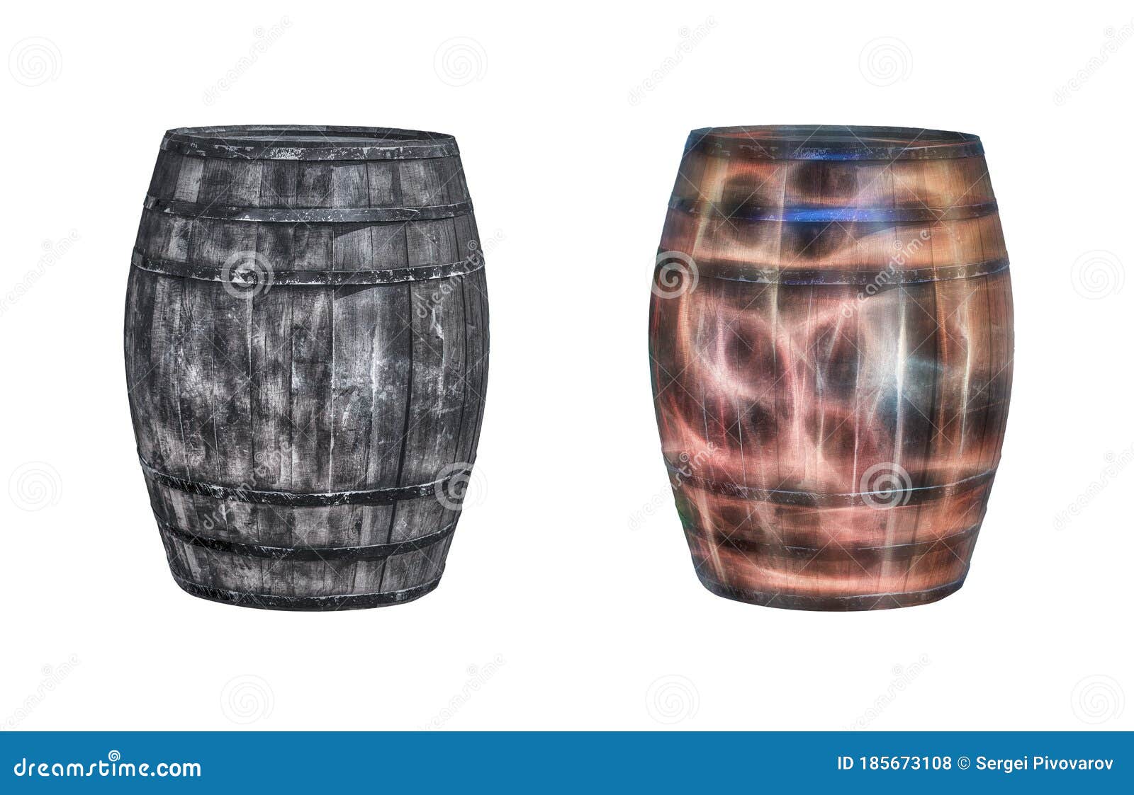 Two Gray and Brown Oak Barrels on a White Isolated Background Stock ...