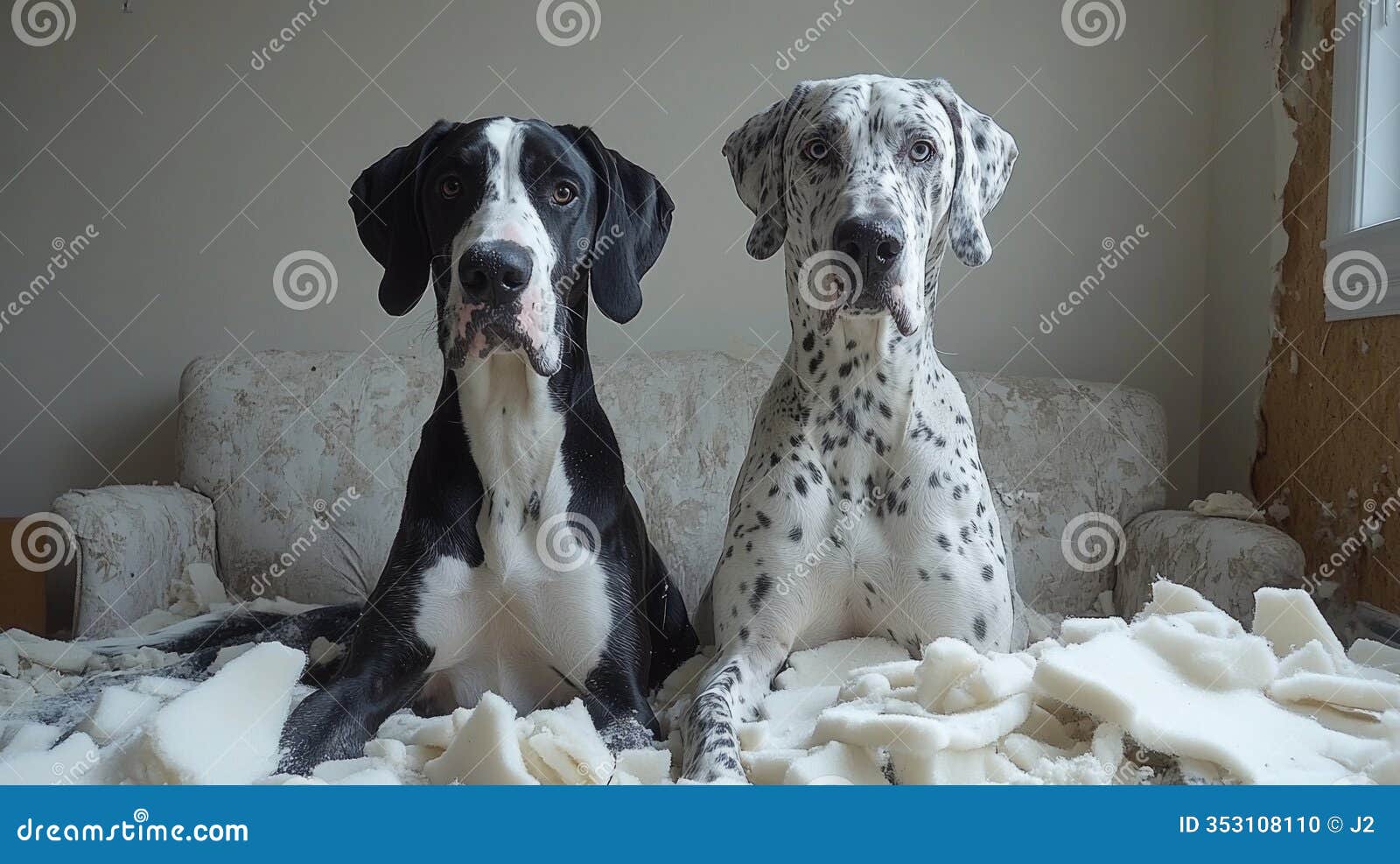 Two Great Danes with Torn Sofa in Living Room Stock Photo - Image of ...