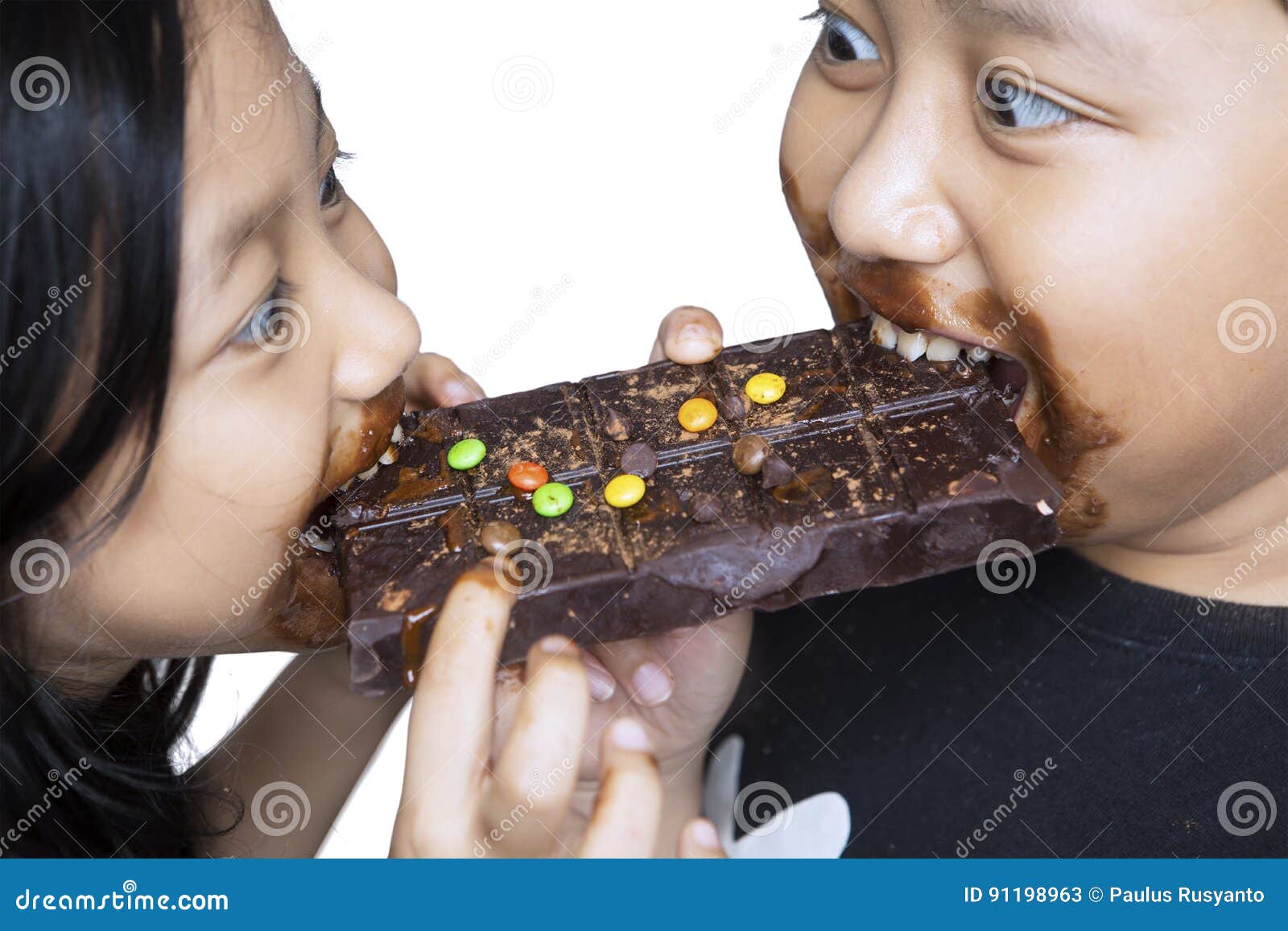 Two Greedy Sibling is Eating a Chocolate Stock Image - Image of greed ...