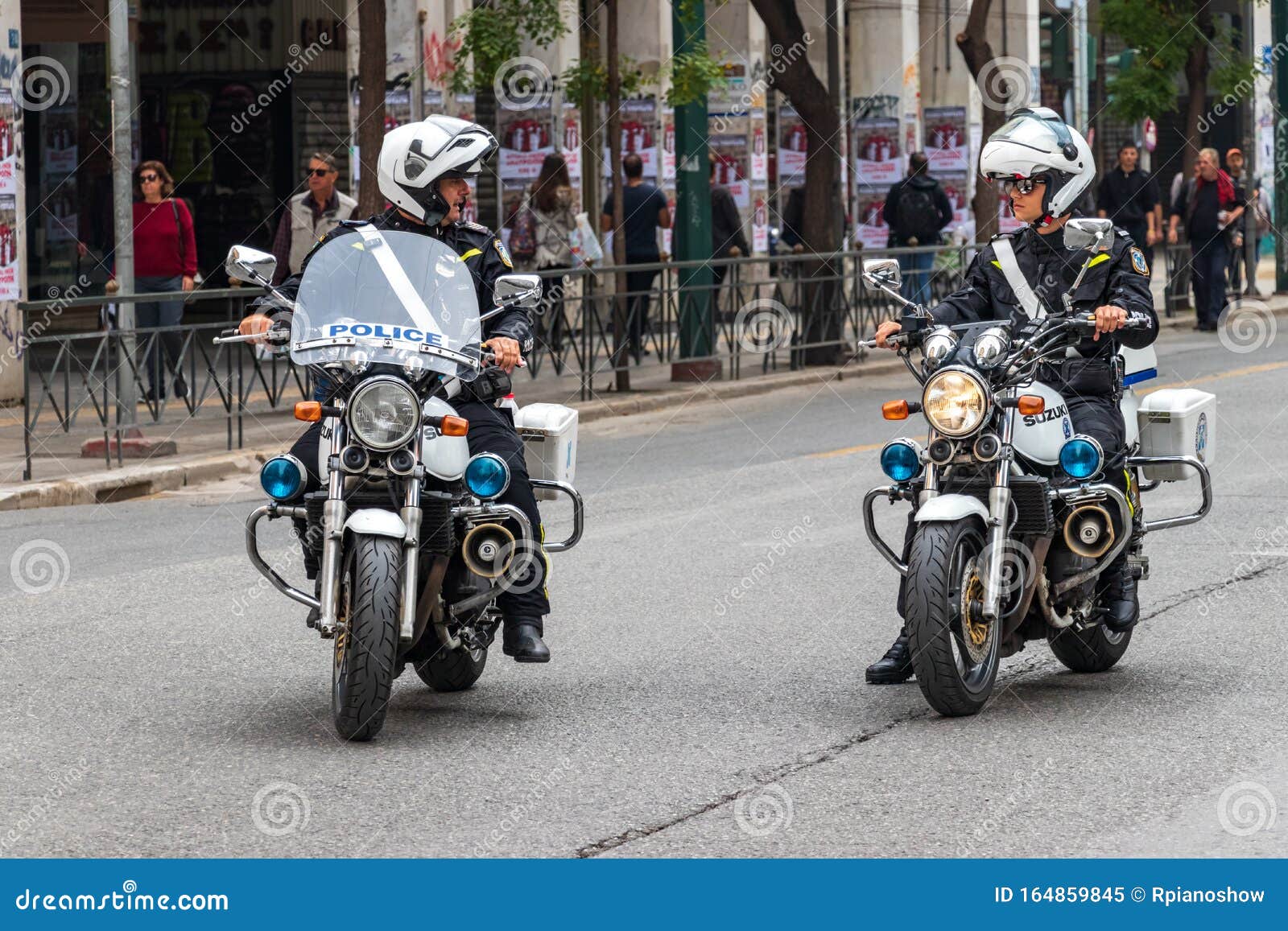 Two Greek Police Officers On Motorcycle At 28th Oktovriou St Closing The Road Editorial Image 7526
