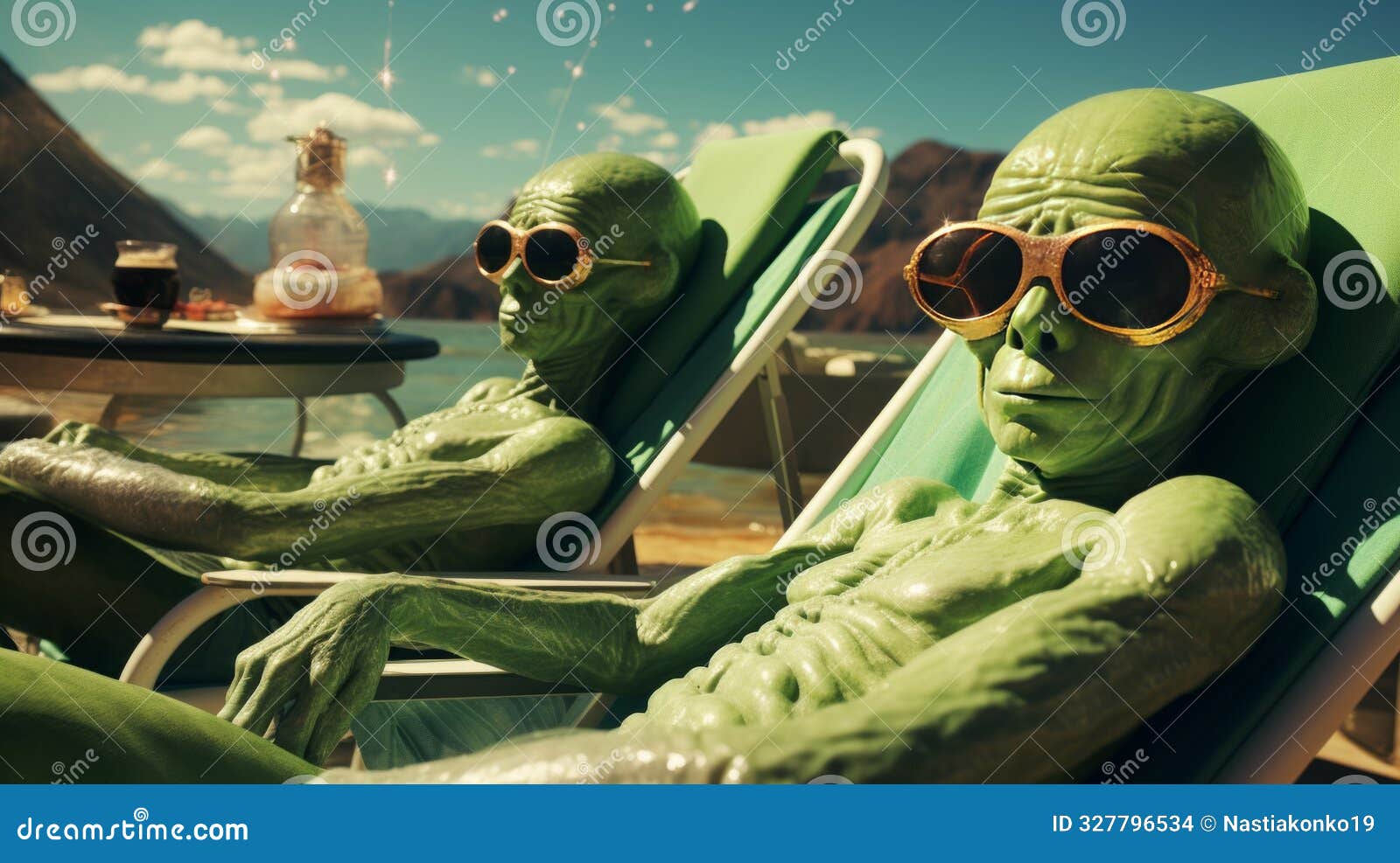 Two Green Aliens Relaxing in Lawn Chairs Stock Photo - Image of chairs ...
