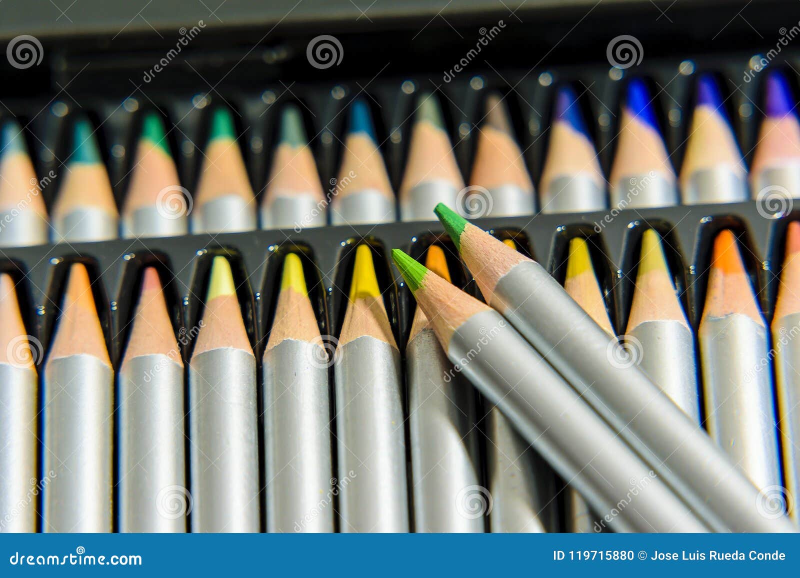 Two Green Colored Pencils from a Crayon Case Stock Photo - Image of ...