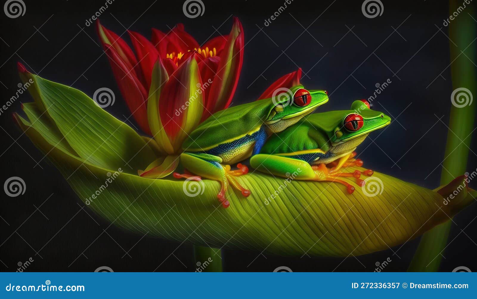 Two Green Frogs Sitting on a Leaf with a Red Flower in the Background ...