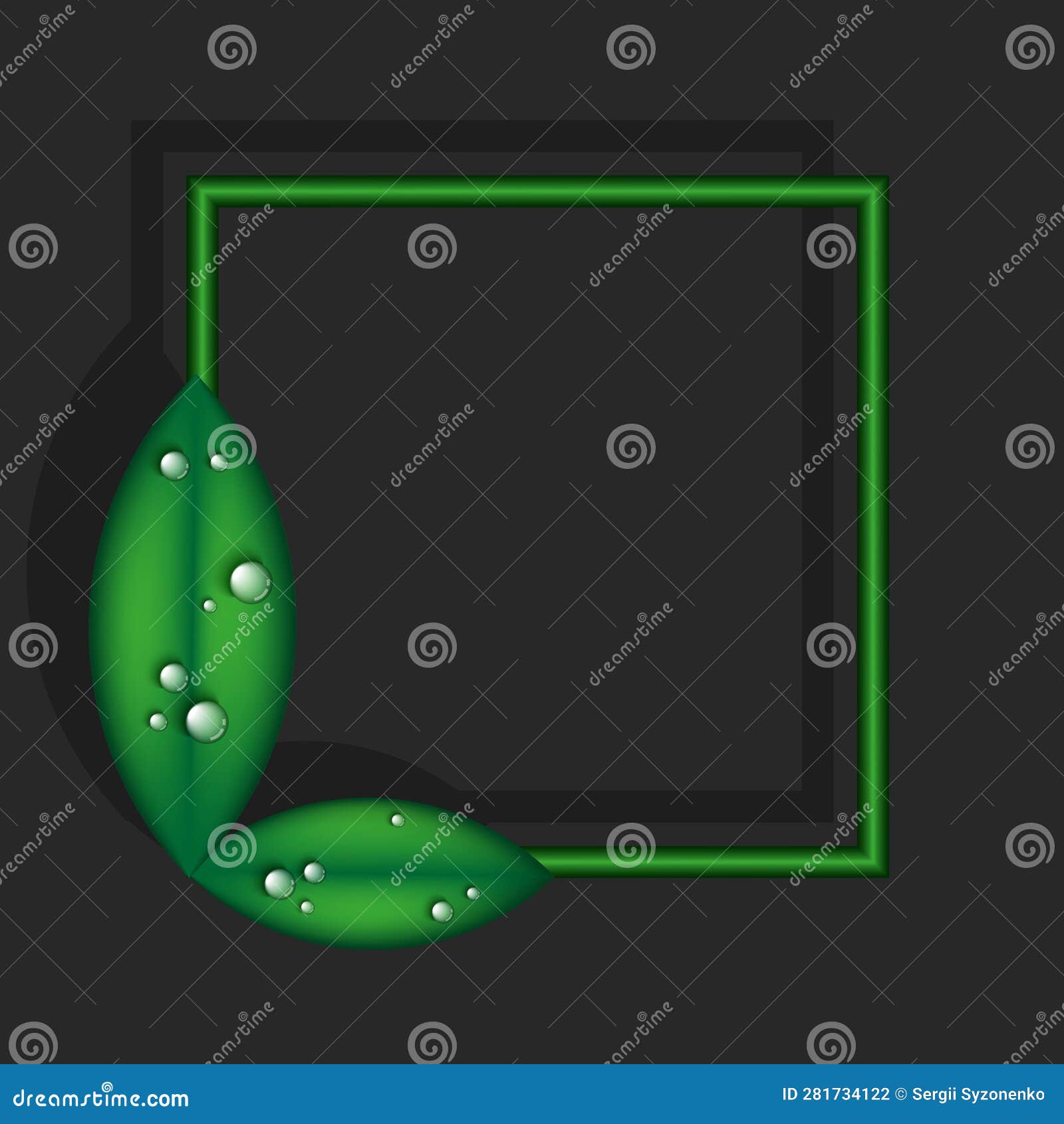 Two Green Leaves and Realistic Dew Drops with Shadows 3d Blank Frame ...