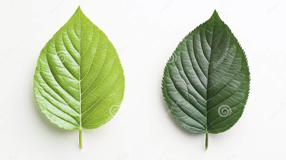 Two Green Leaves Showing Color Variation and Texture Differences on ...