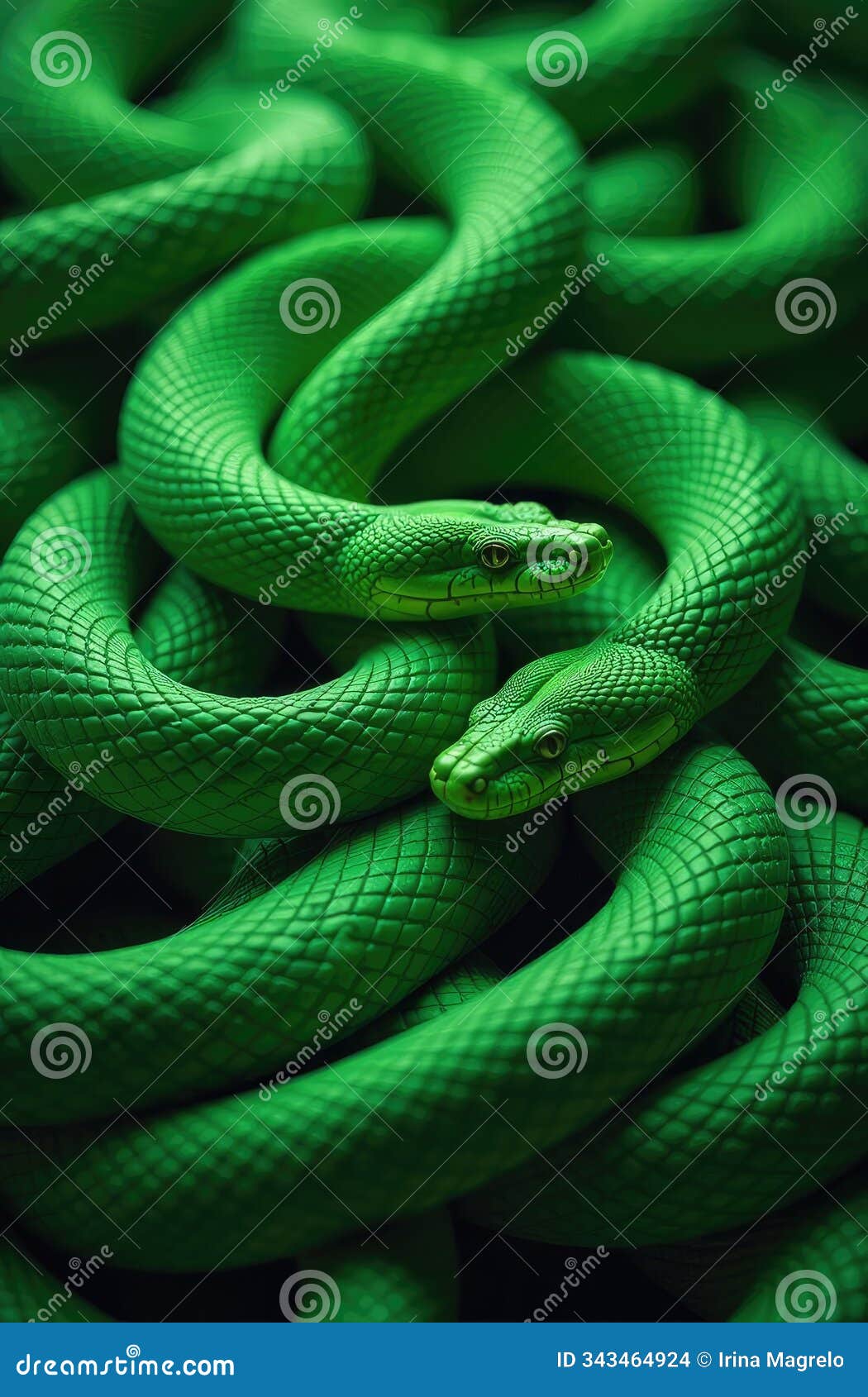 Two Green Snakes Intertwined in a Lush Setting, Showcasing Vibrant ...