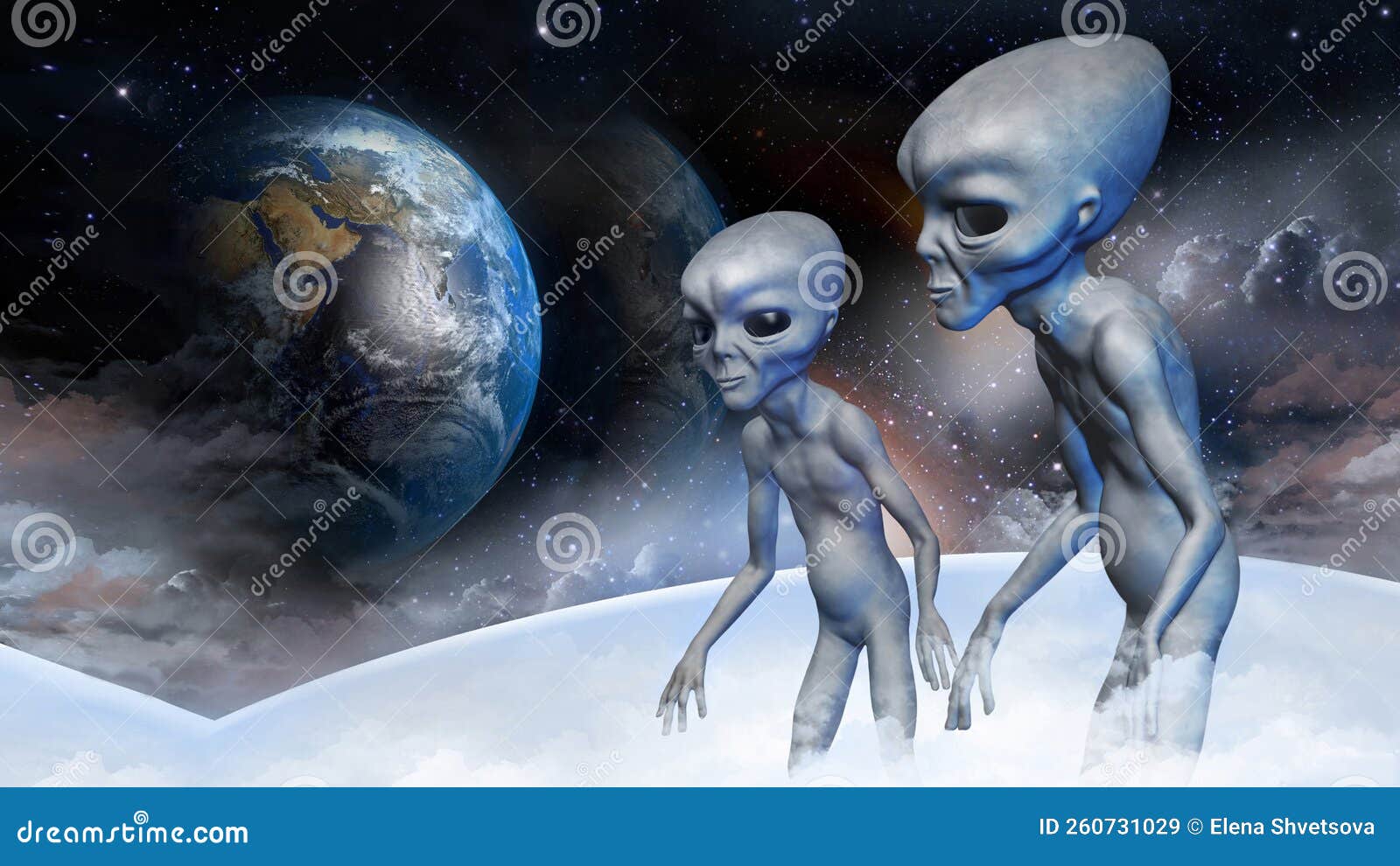 Two Grey Alien in Earth Orbit are Observing from the Space Ship for the ...