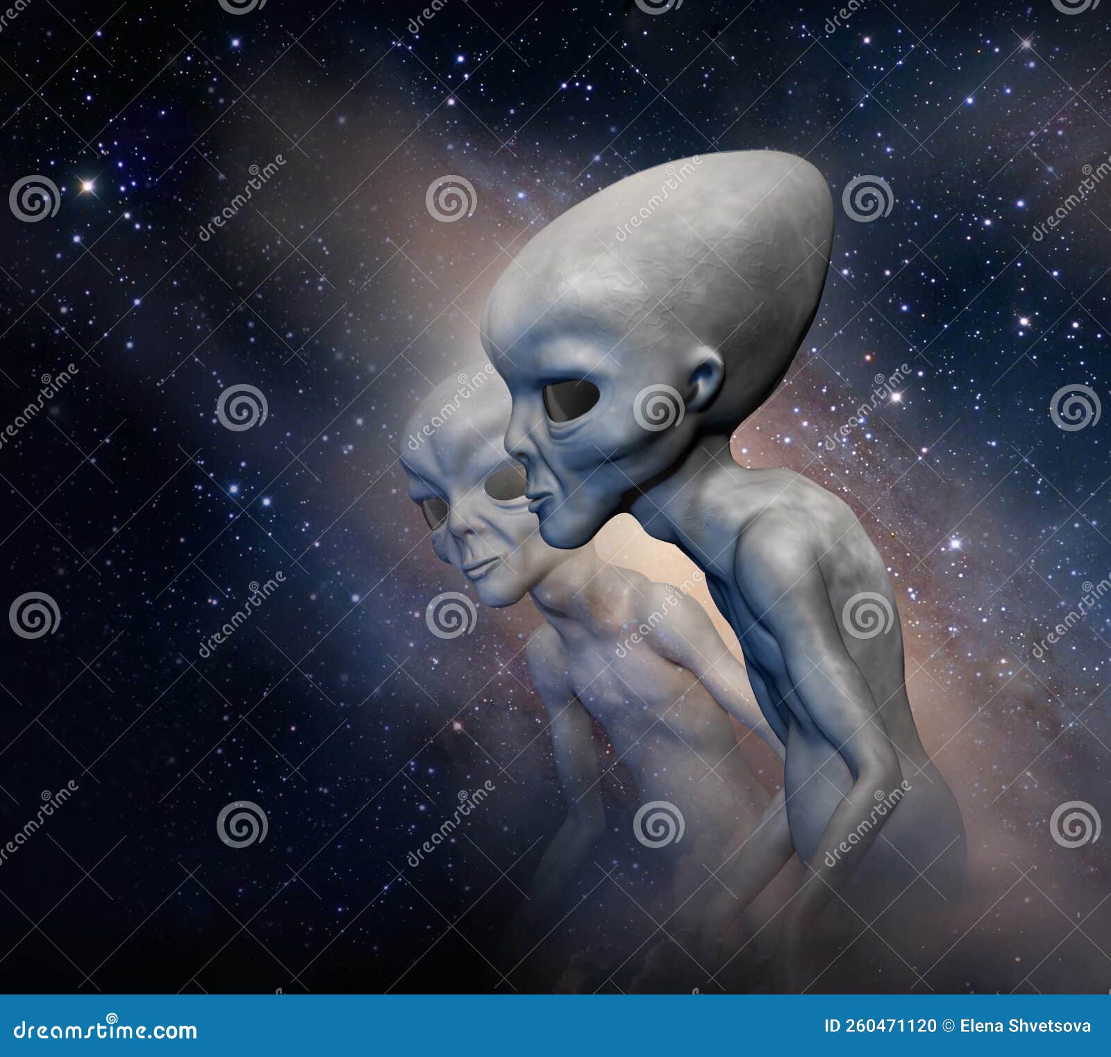 Two Grey Aliens on the Background of the Cosmos. 3 D Illustration. Digital Art Stock ...