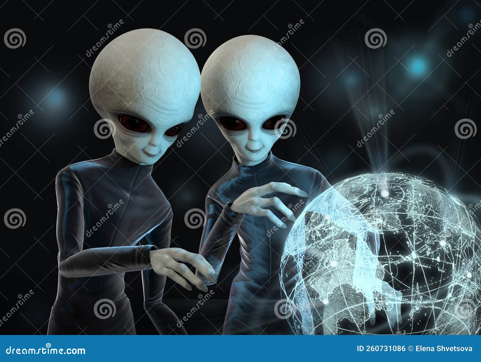 Two Grey Aliens Study the Planet Earth on a Light Map. 3 D . Stock ...
