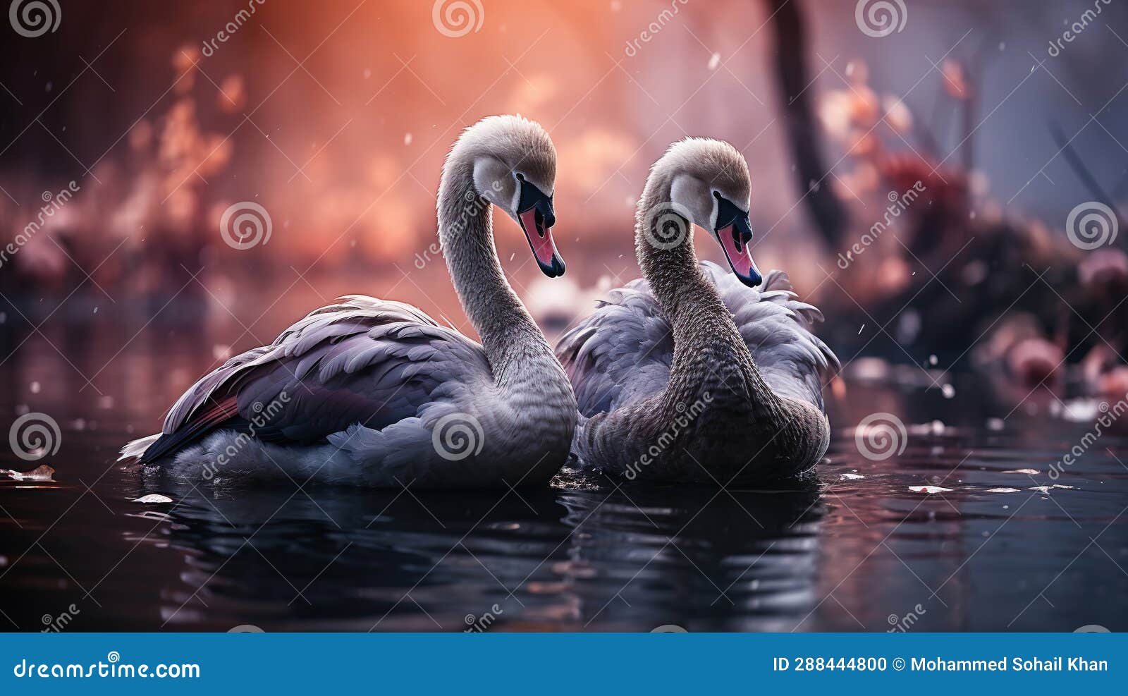 Two Grey Swans Swimming on the Water Together Stock Photo - Image of ...