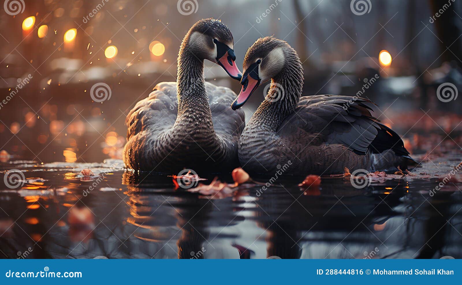 Two Grey Swans Swimming on the Water Together Stock Photo - Image of ...
