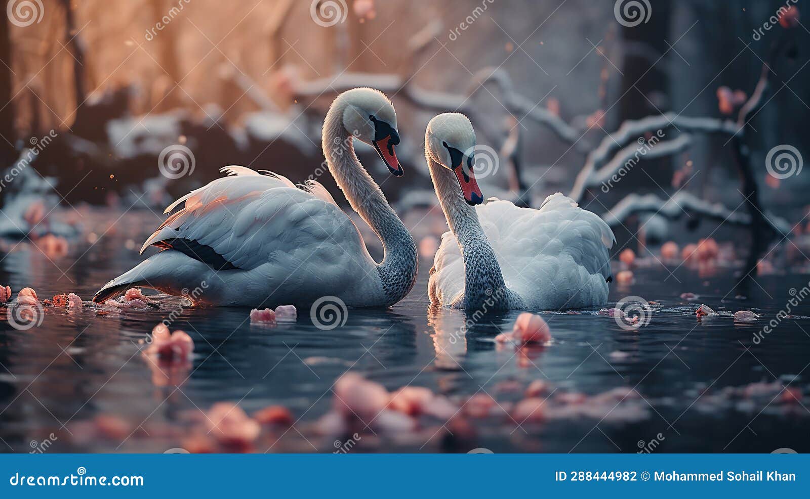 Two Grey Swans Swimming on the Water Together Stock Photo - Image of ...