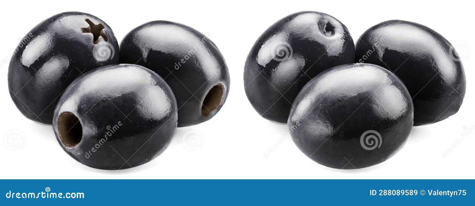 Two Groups Of Pitted Black Olives And Whole Balck Olives Isolated On ...