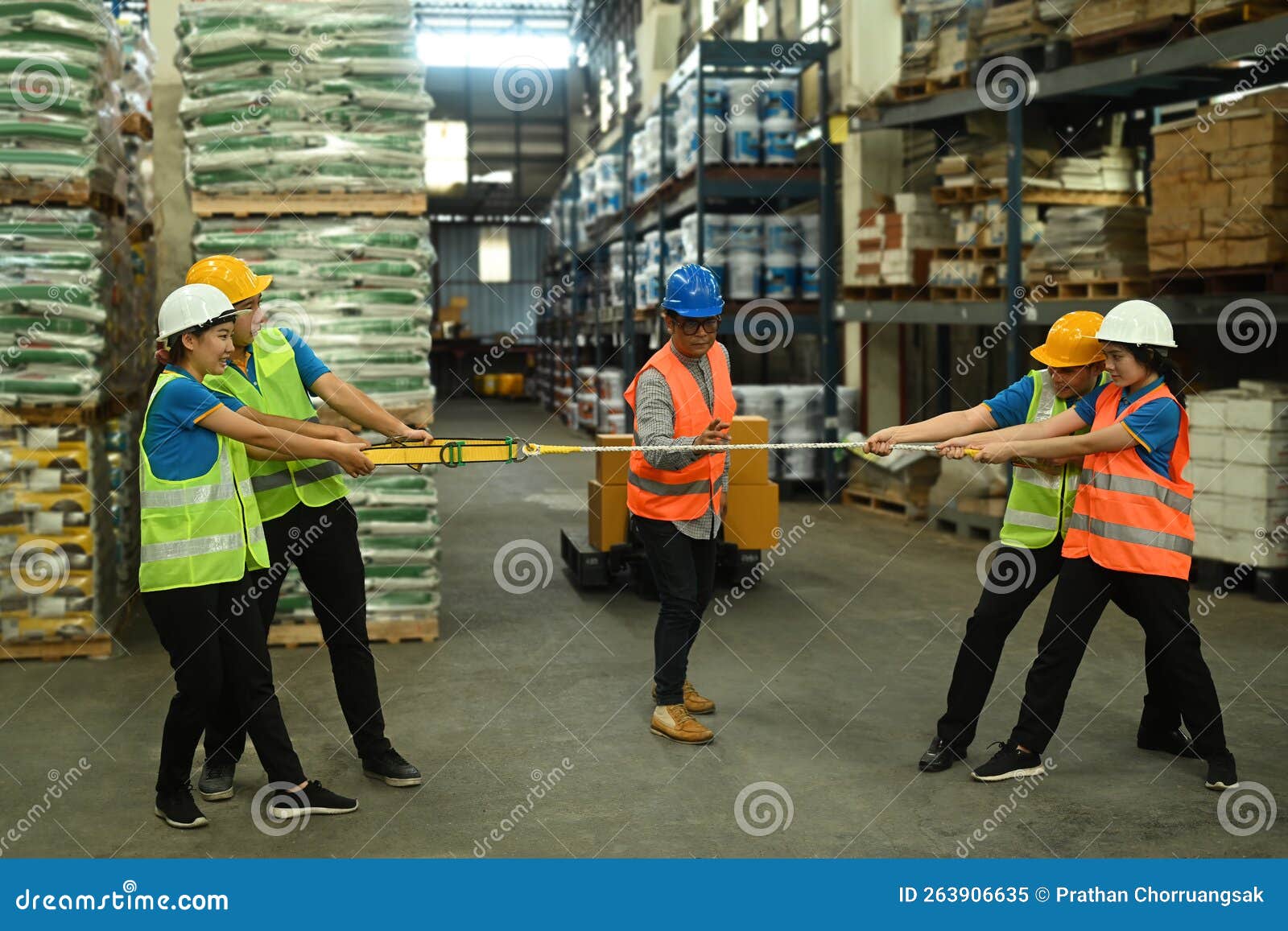 Two Groups of Warehouse Worker Pulling Opposite Ends of Rope. Concept ...