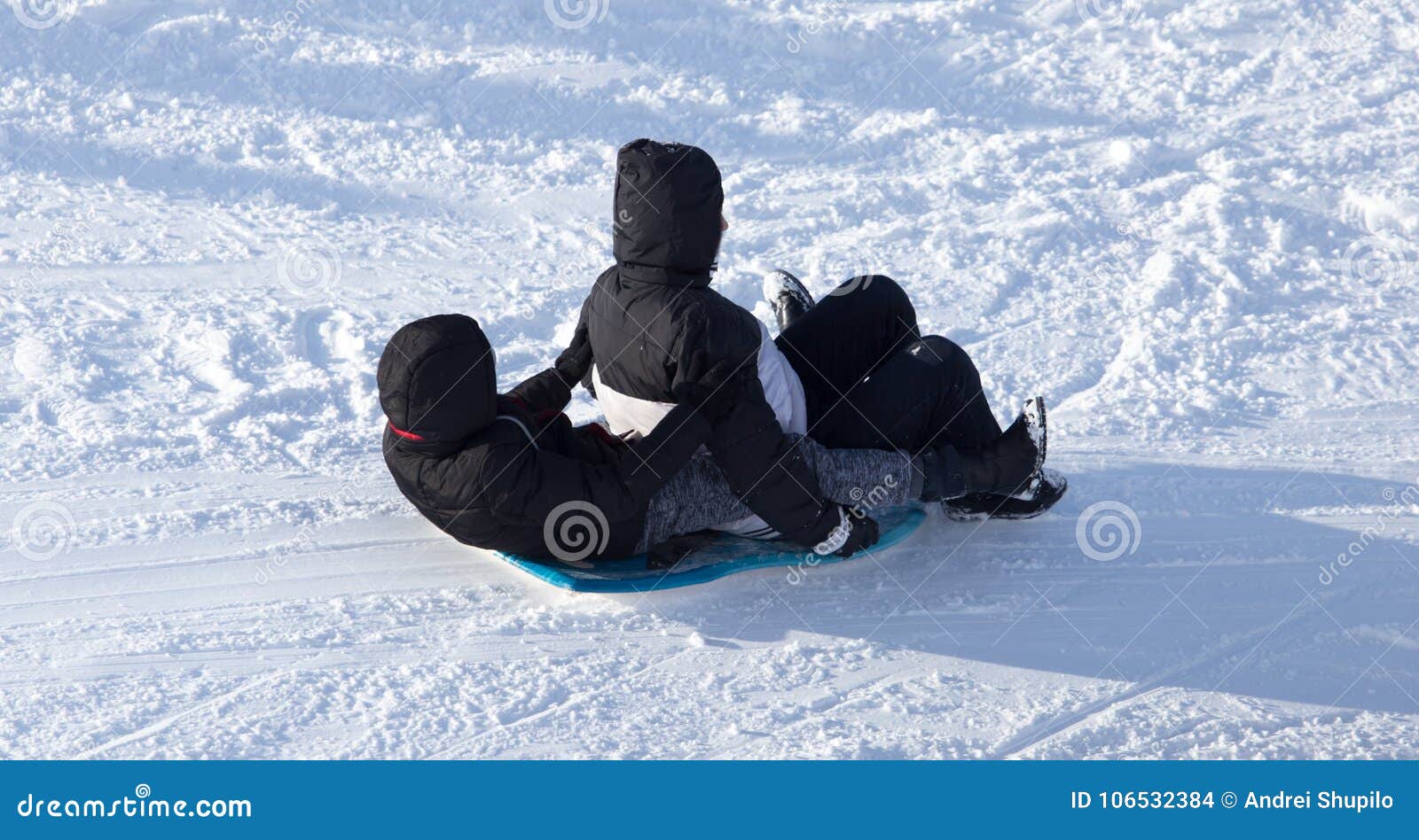 Two Guy Riding the Hills on Sleds Stock Photo - Image of winter, snow ...