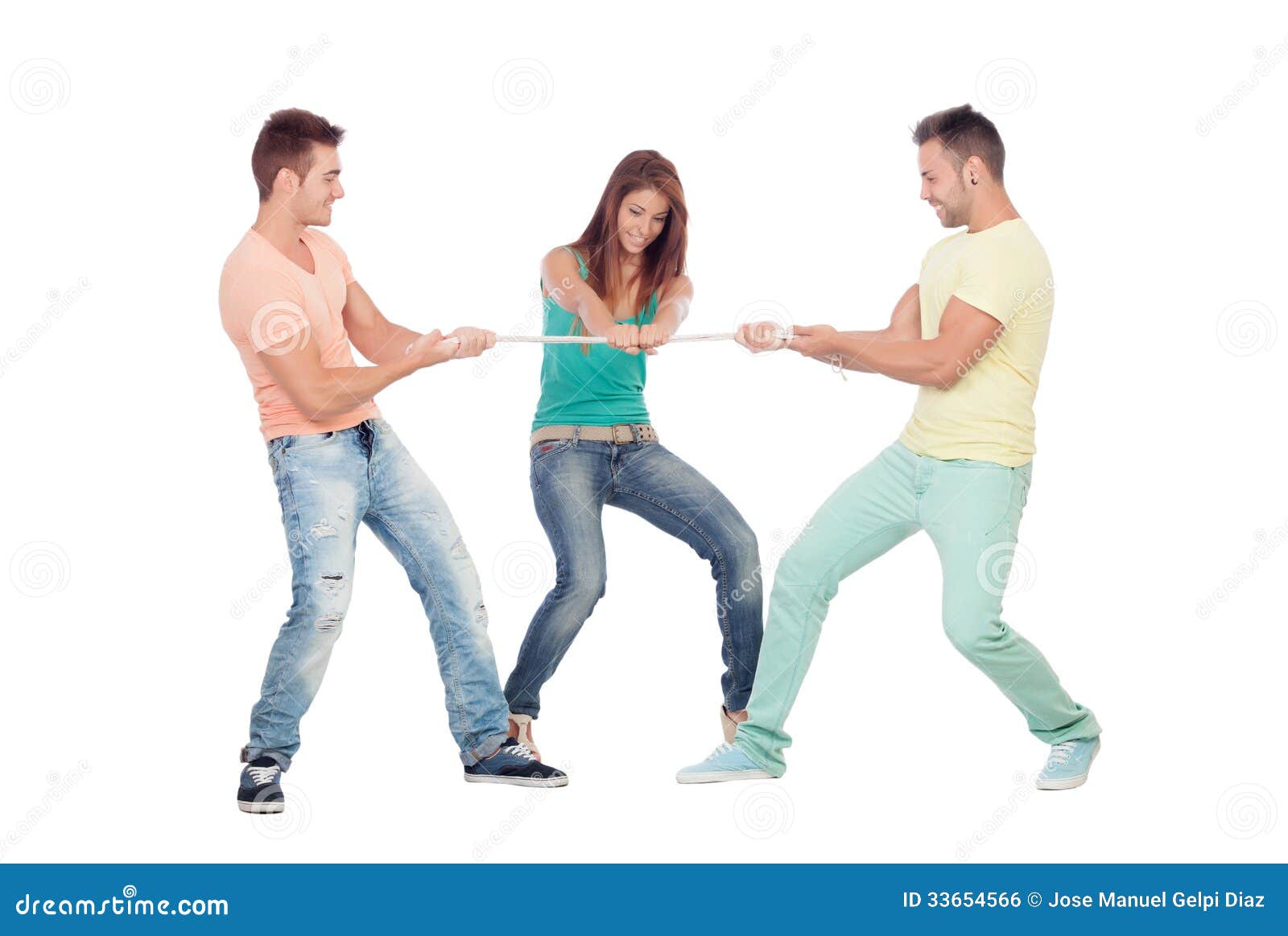 Two Guys Competing for a Girl Pulling a Rope Stock Photo - Image of ...