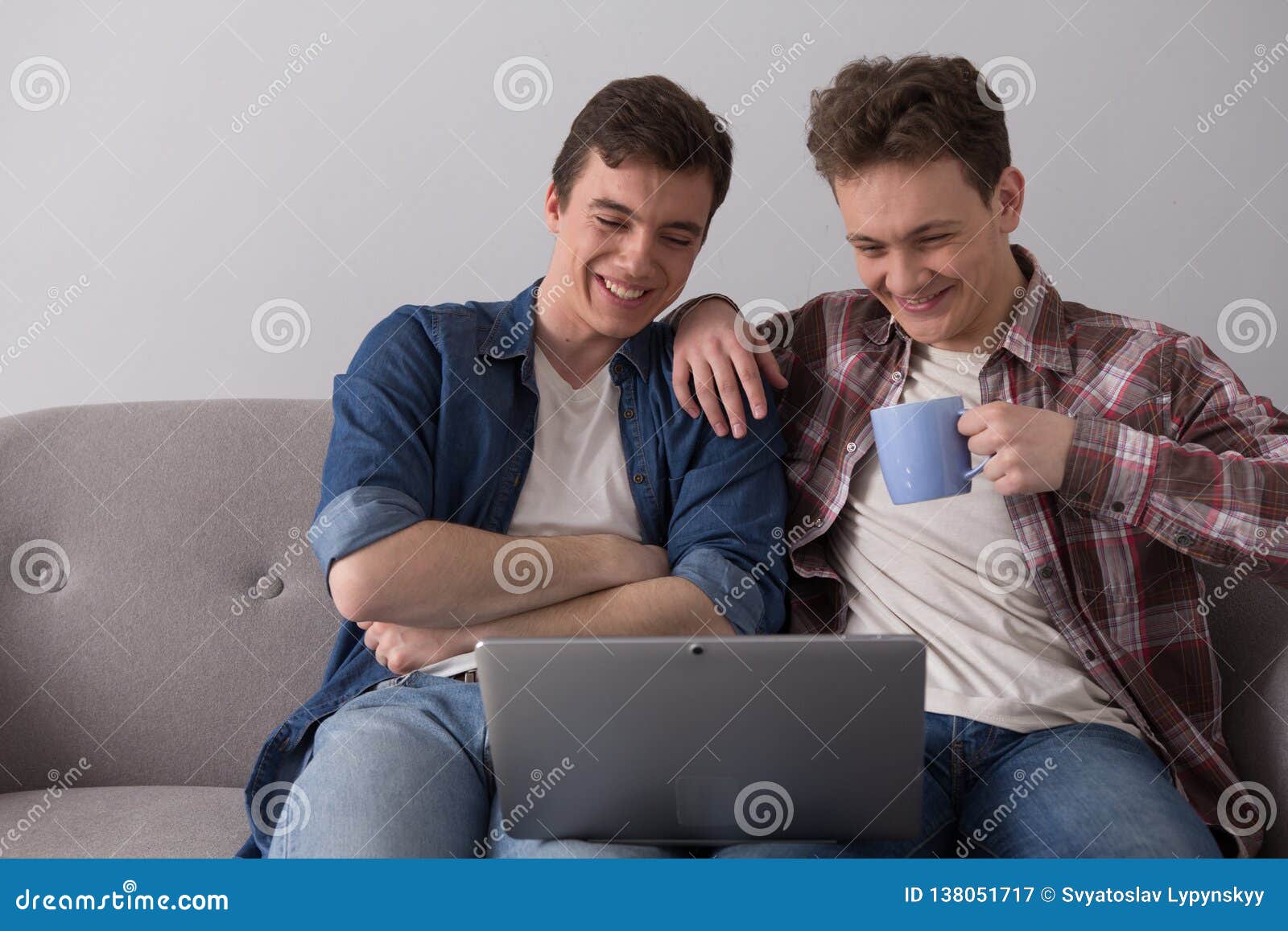 Two Guys with Laptop on Sofa. Stock Image - Image of leisure, caucasian ...