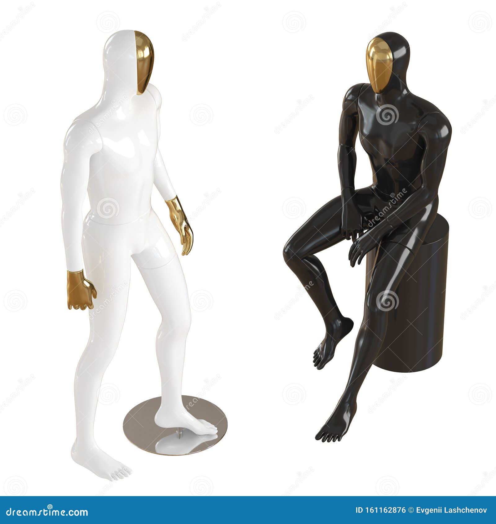 Two Guys Mannequin With A Golden Face In A Standing And Sitting Pose ...