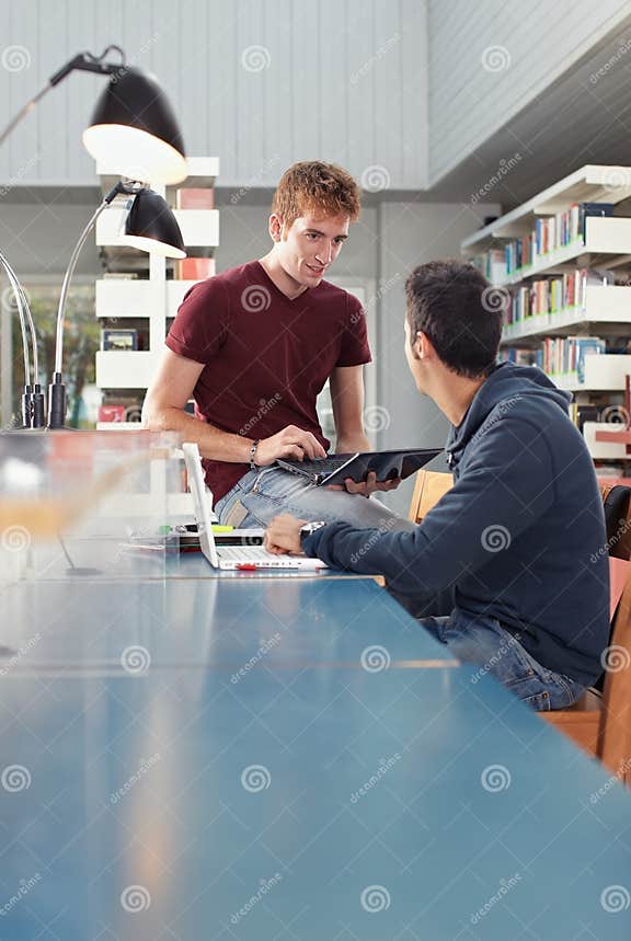 Two Guys Studying in Library Stock Image - Image of college, holding ...
