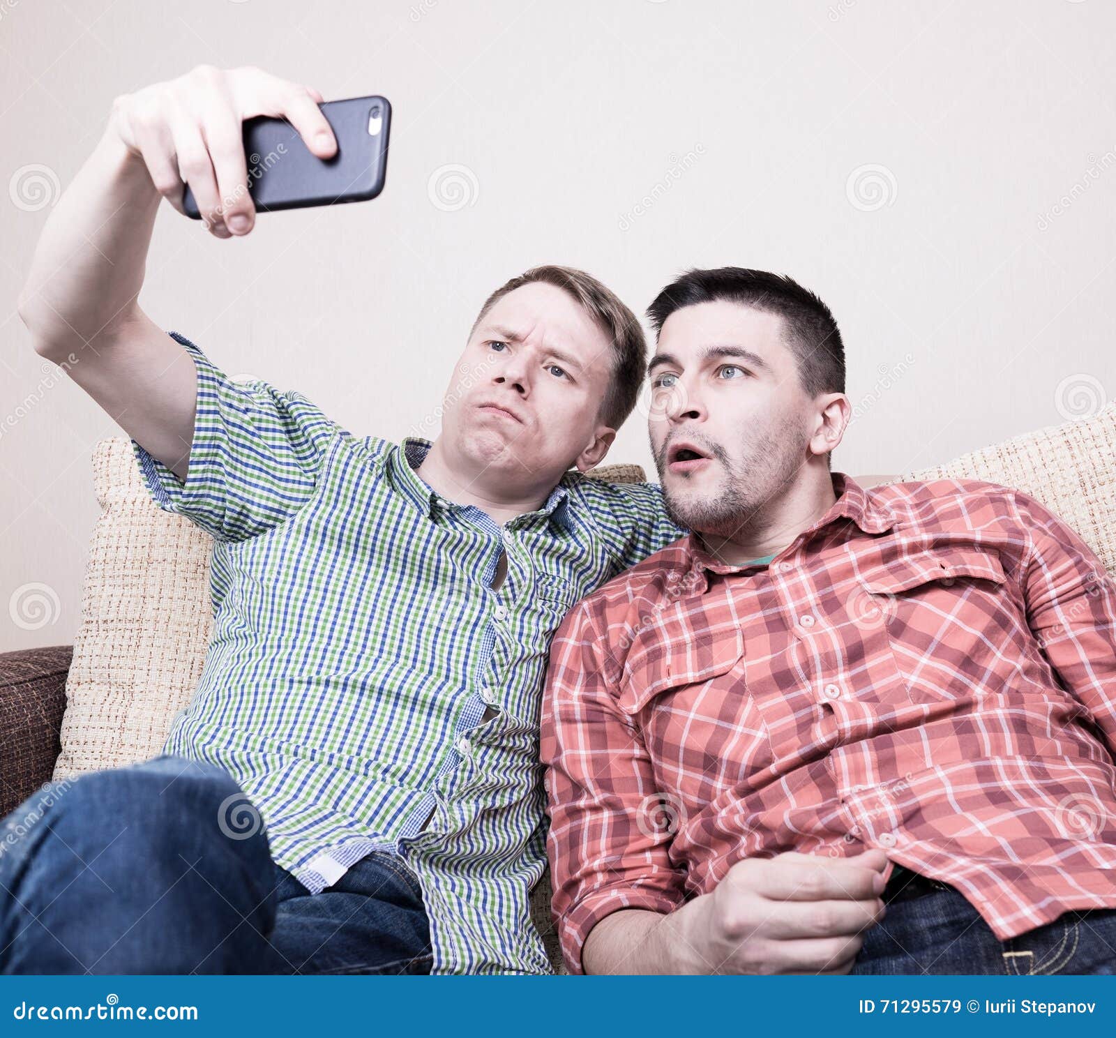 Two guys taking selfie stock image. Image of selfie, sofa - 71295579