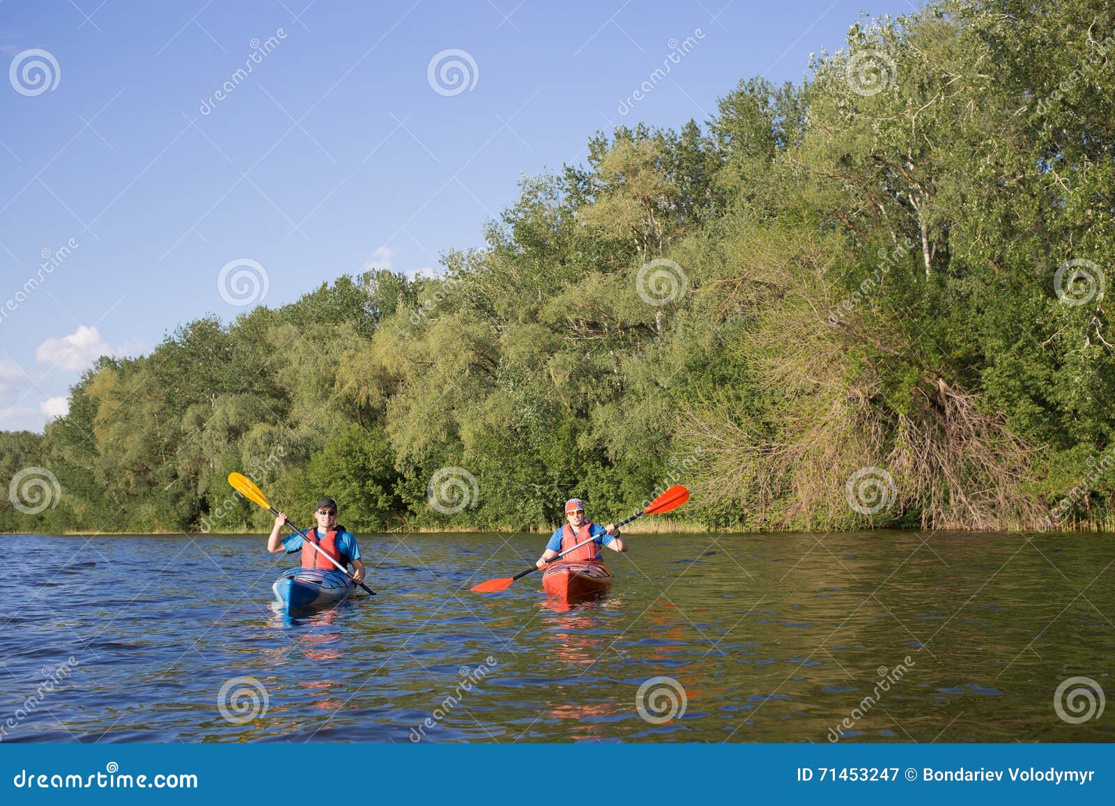 Two Guys Travel the River on a Kayaking. Stock Image - Image of nature ...