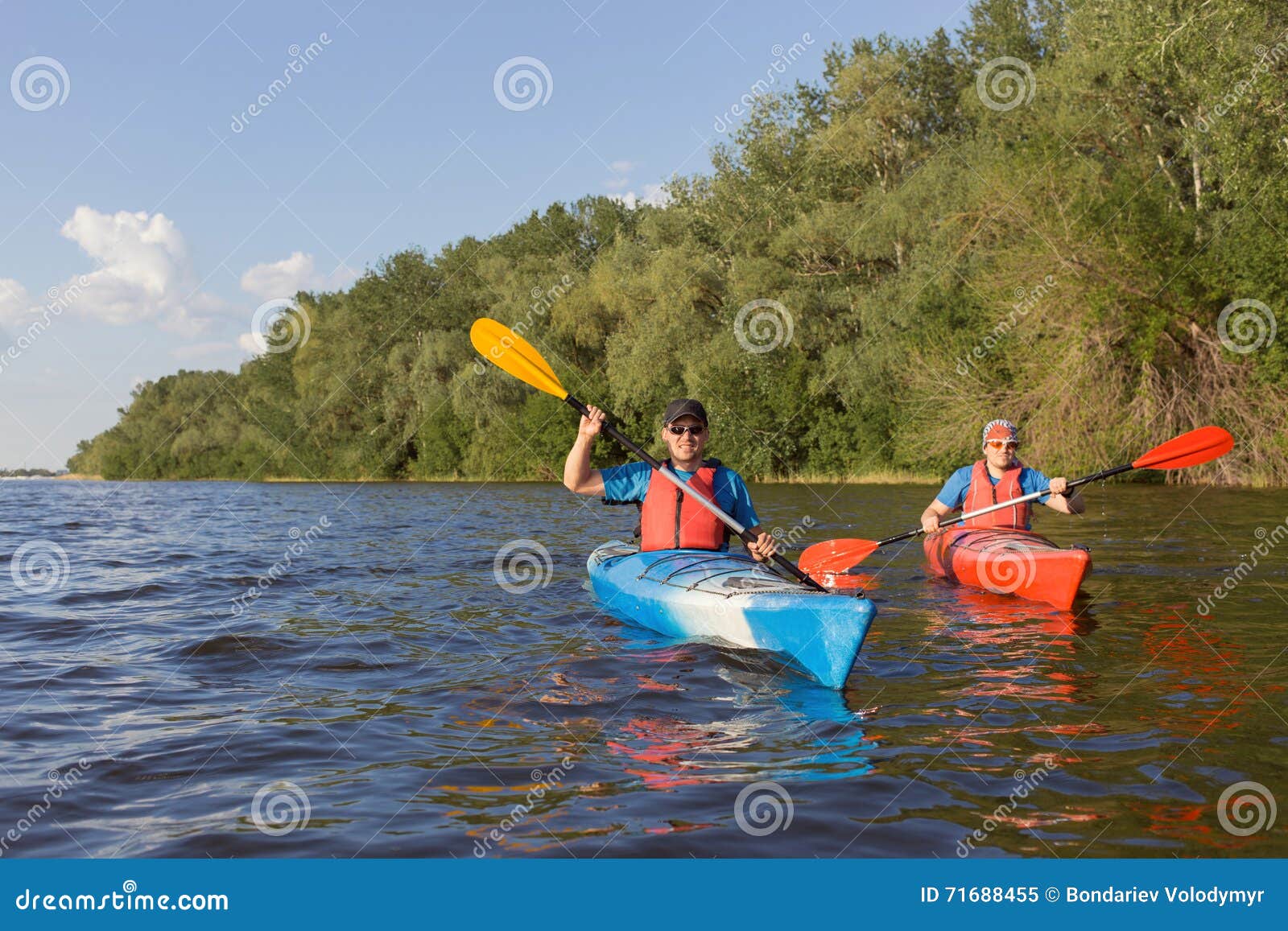 Two Guys Travel the River on a Kayaking . Stock Image - Image of lake ...