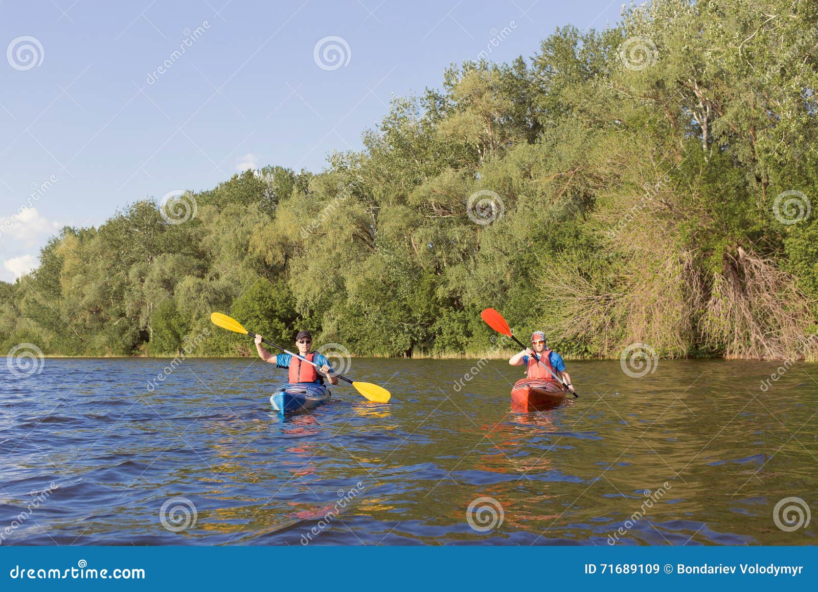 Two Guys Travel the River on a Kayaking . Stock Image - Image of people ...