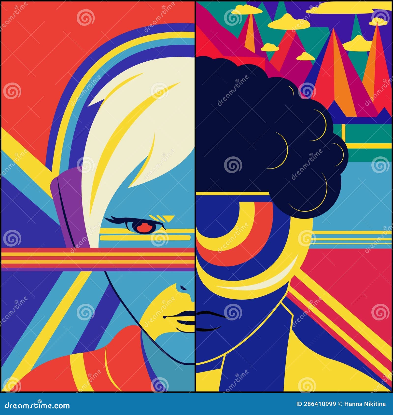 Abstract Half Faces Man and Woman in 80s Style with Colored Background ...