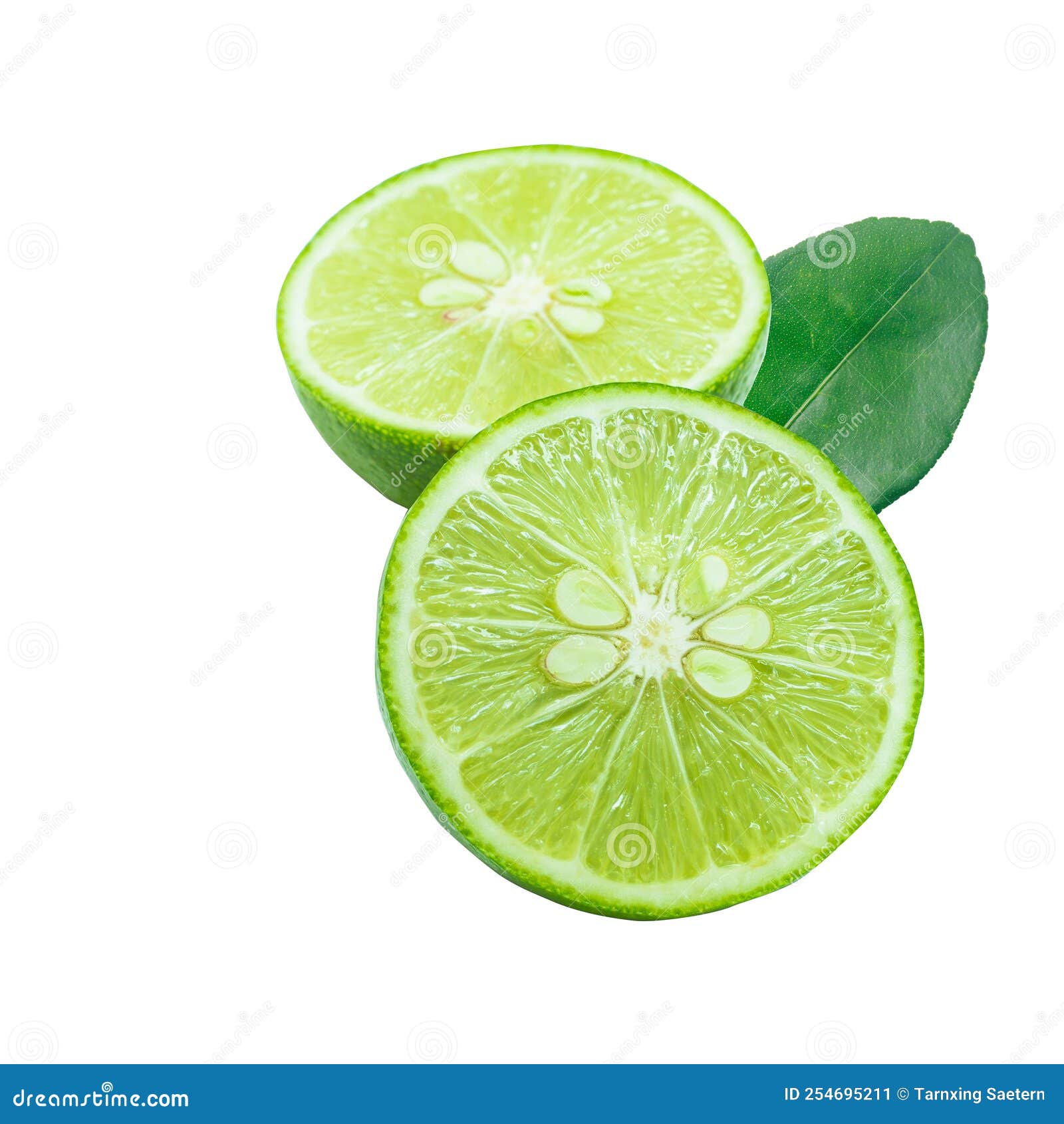 Two Half Lime Sliced and One Leaves in the Back Lime on White ...