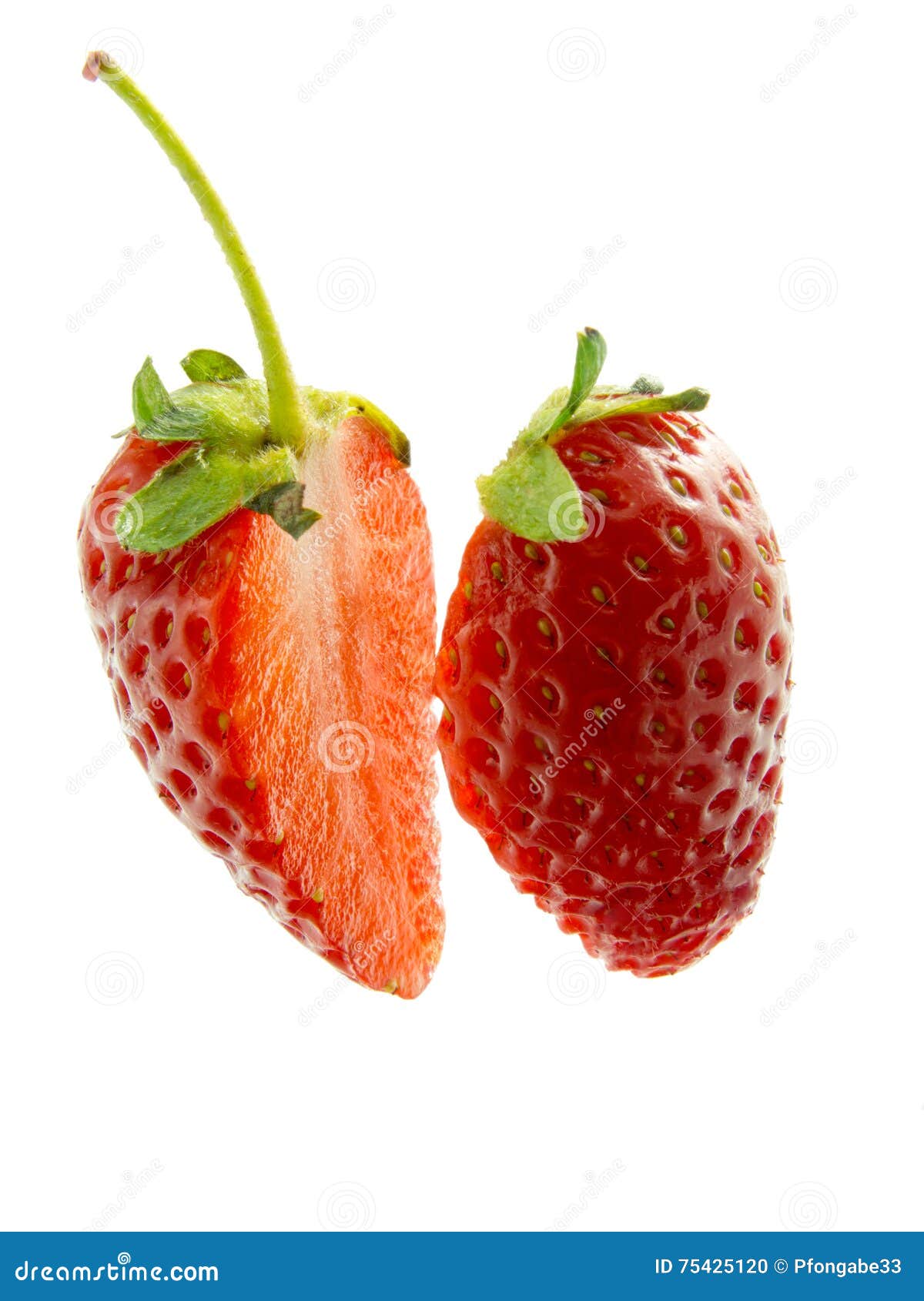 Two Half Strawberry on White Suspended with Text Space Stock Photo ...