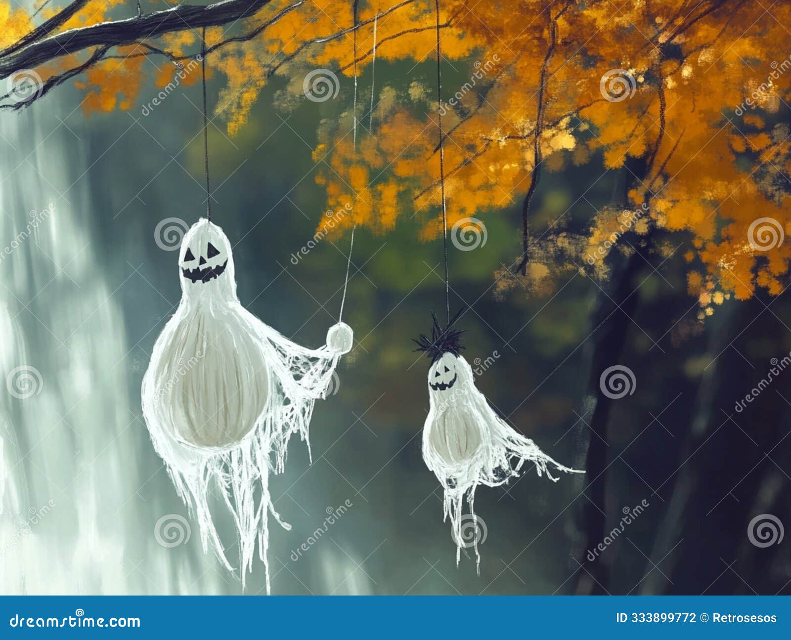 Two Halloween Ghosts Hanging from Tree Branch Over Waterfall Stock ...
